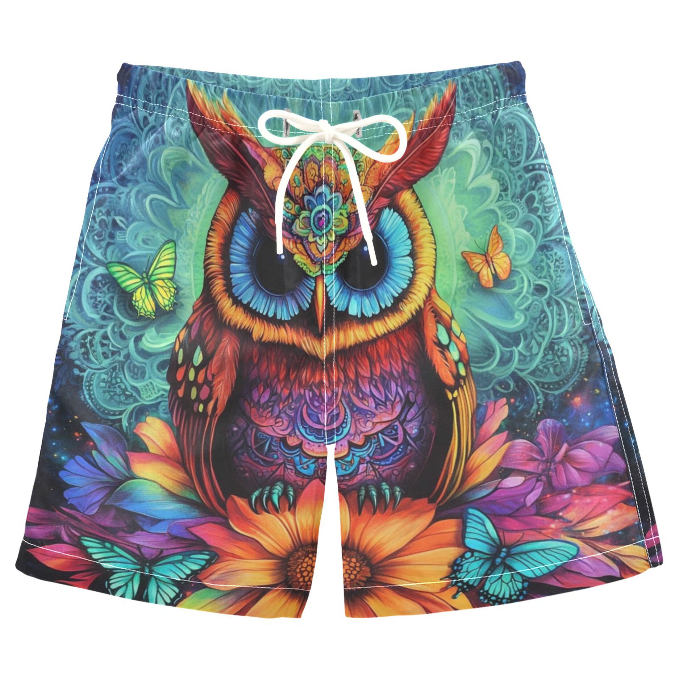 joogoo Kids Boys Swim Trunks Owl Mandala Flower Beach Board Shorts Drawstring Swimsuit Kid Teen ...