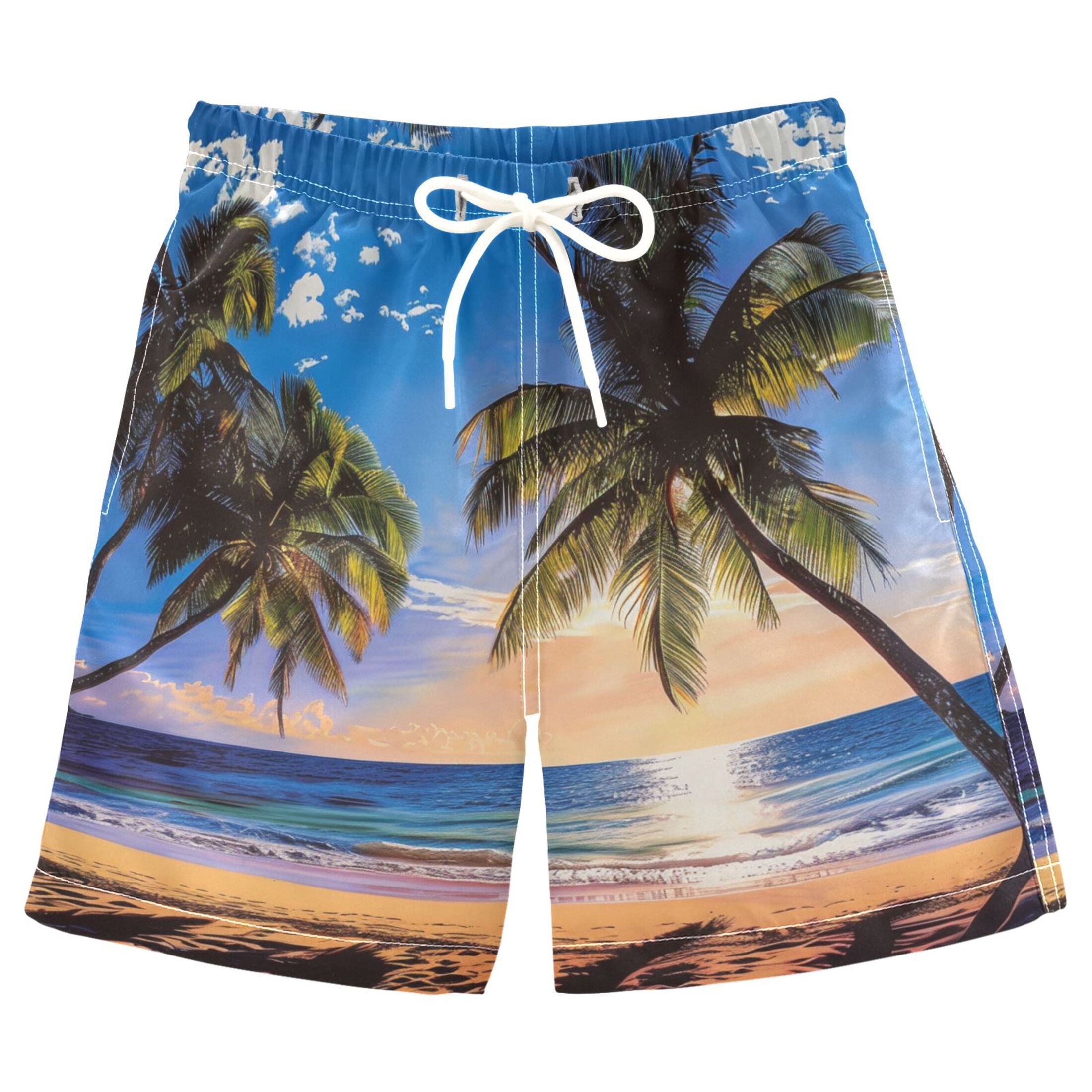 joogoo Kids Boys Swim Trunks Palm Tree Beach with Sunset Beach Board ...