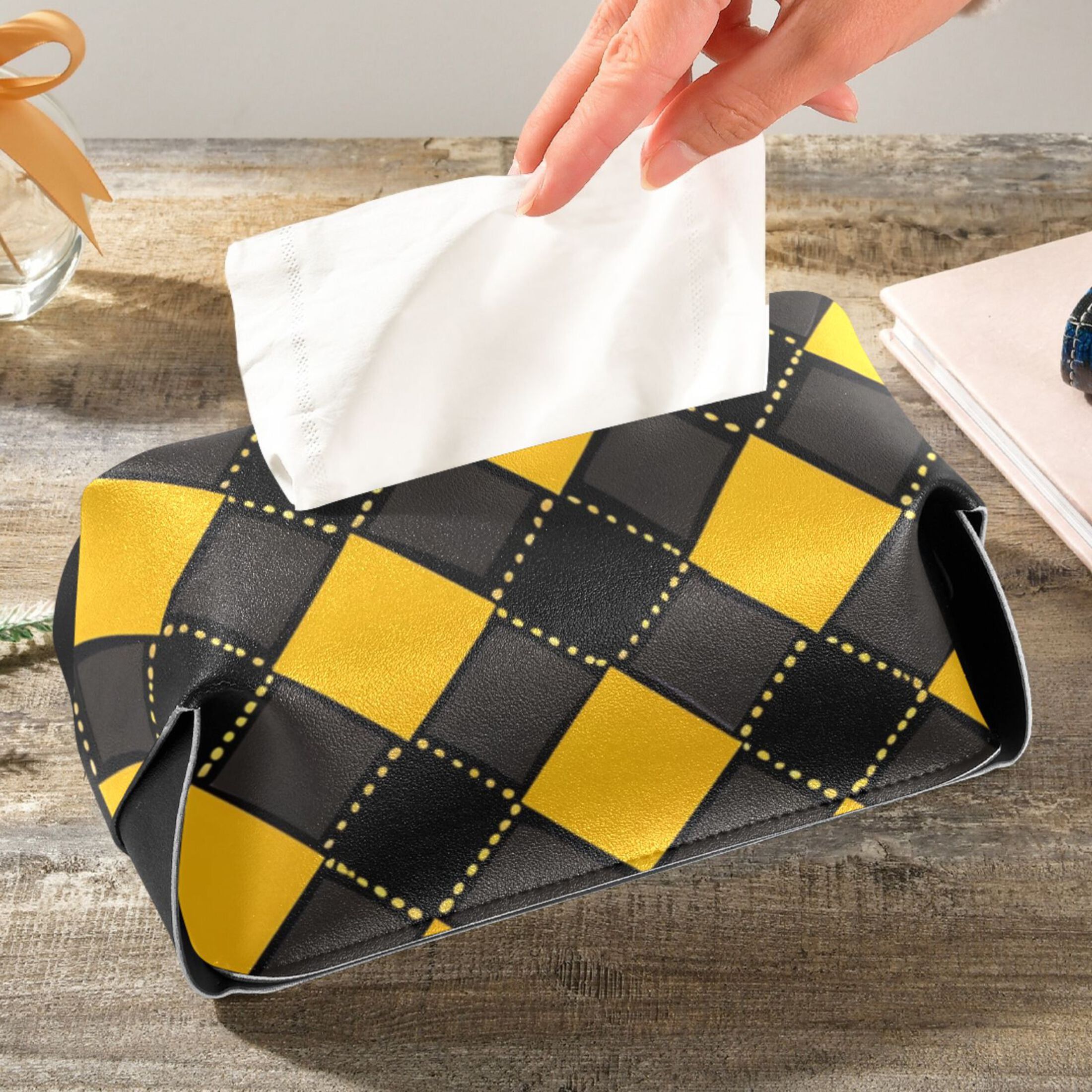 joogoo Leather Tissue Box Cover Art Yellow Checkered Grid Pattern ...