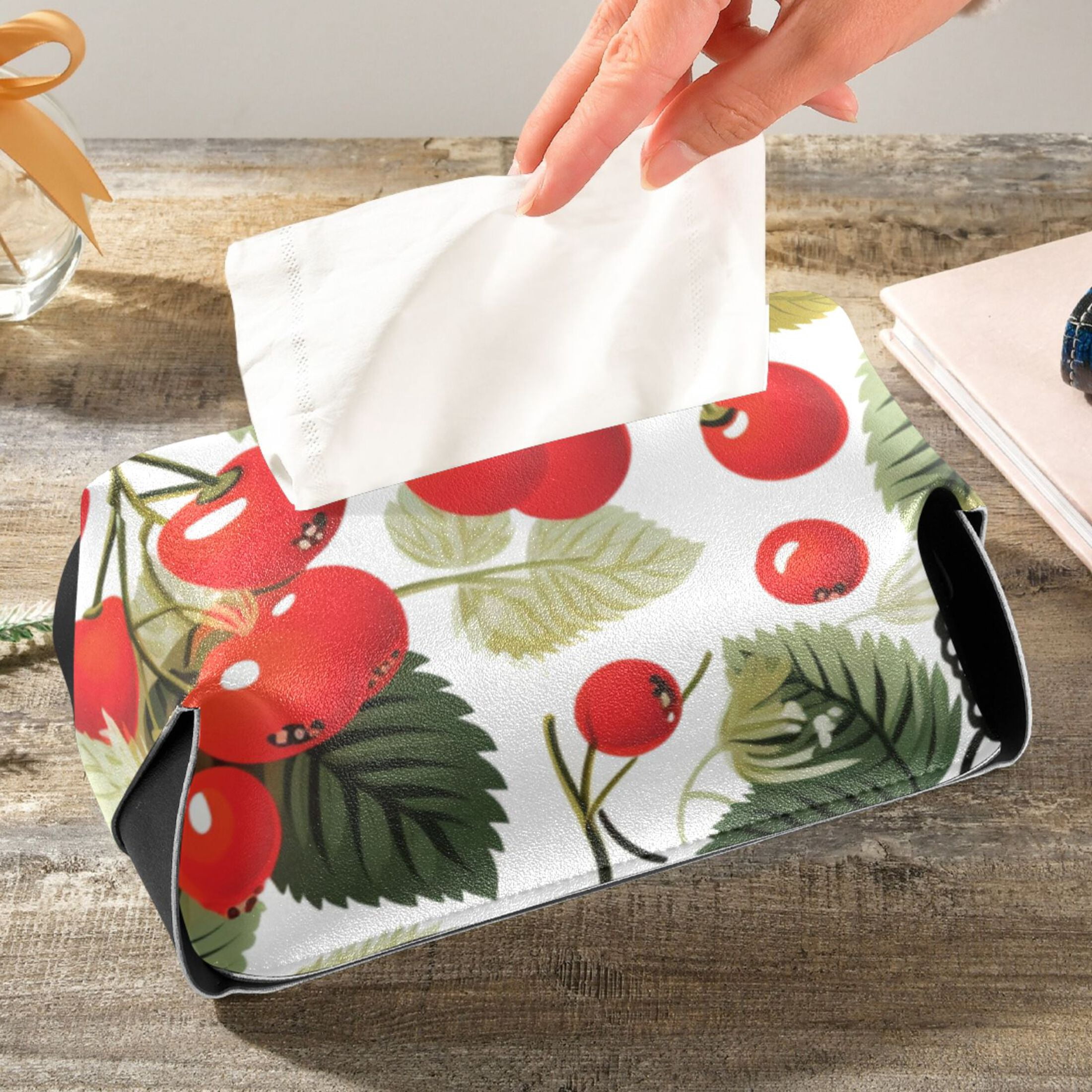 joogoo Leather Tissue Box Cover Cherry Fruits with Leaves Facial Cube ...