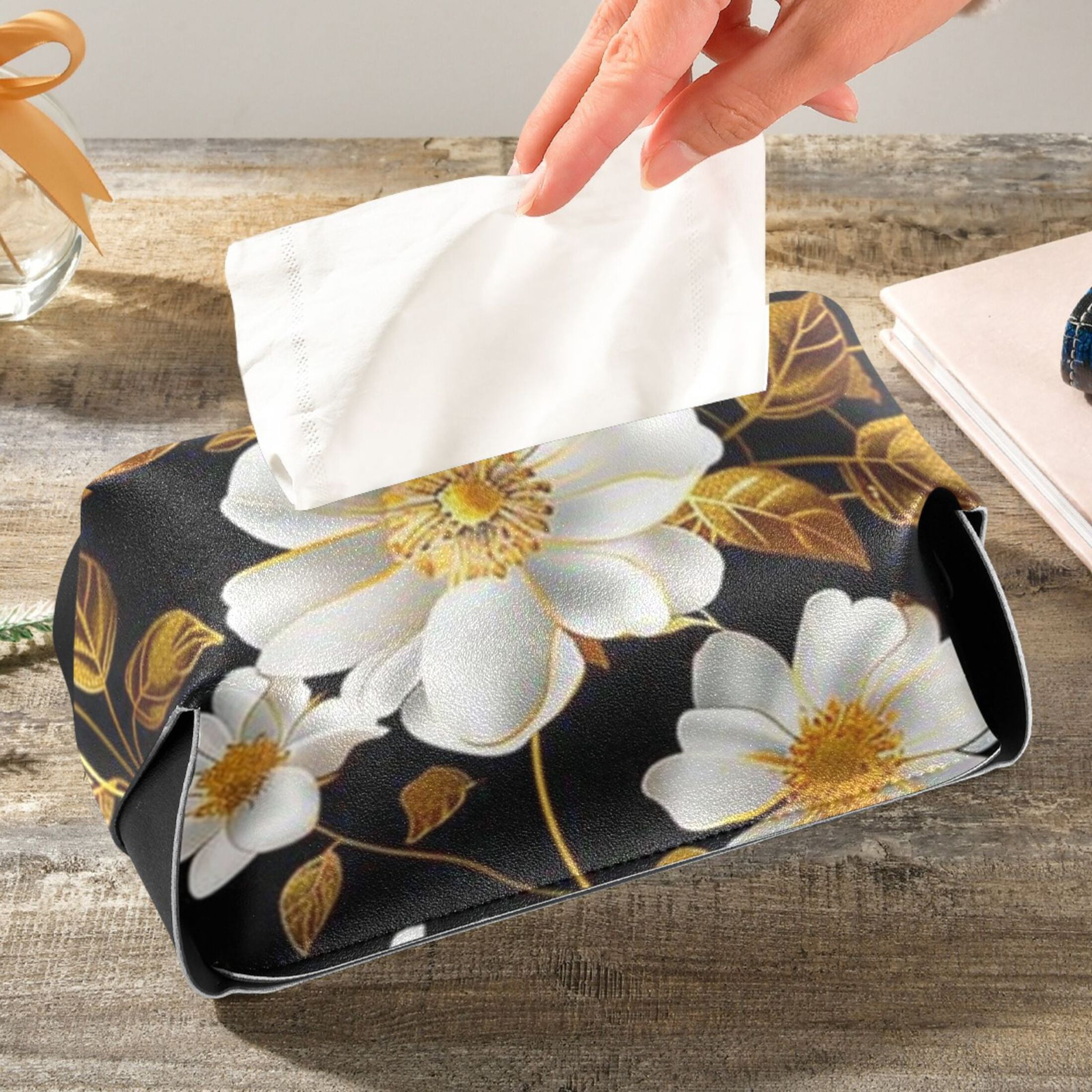 joogoo Leather Tissue Box Cover Flower with Golden Leaves Facial Cube ...