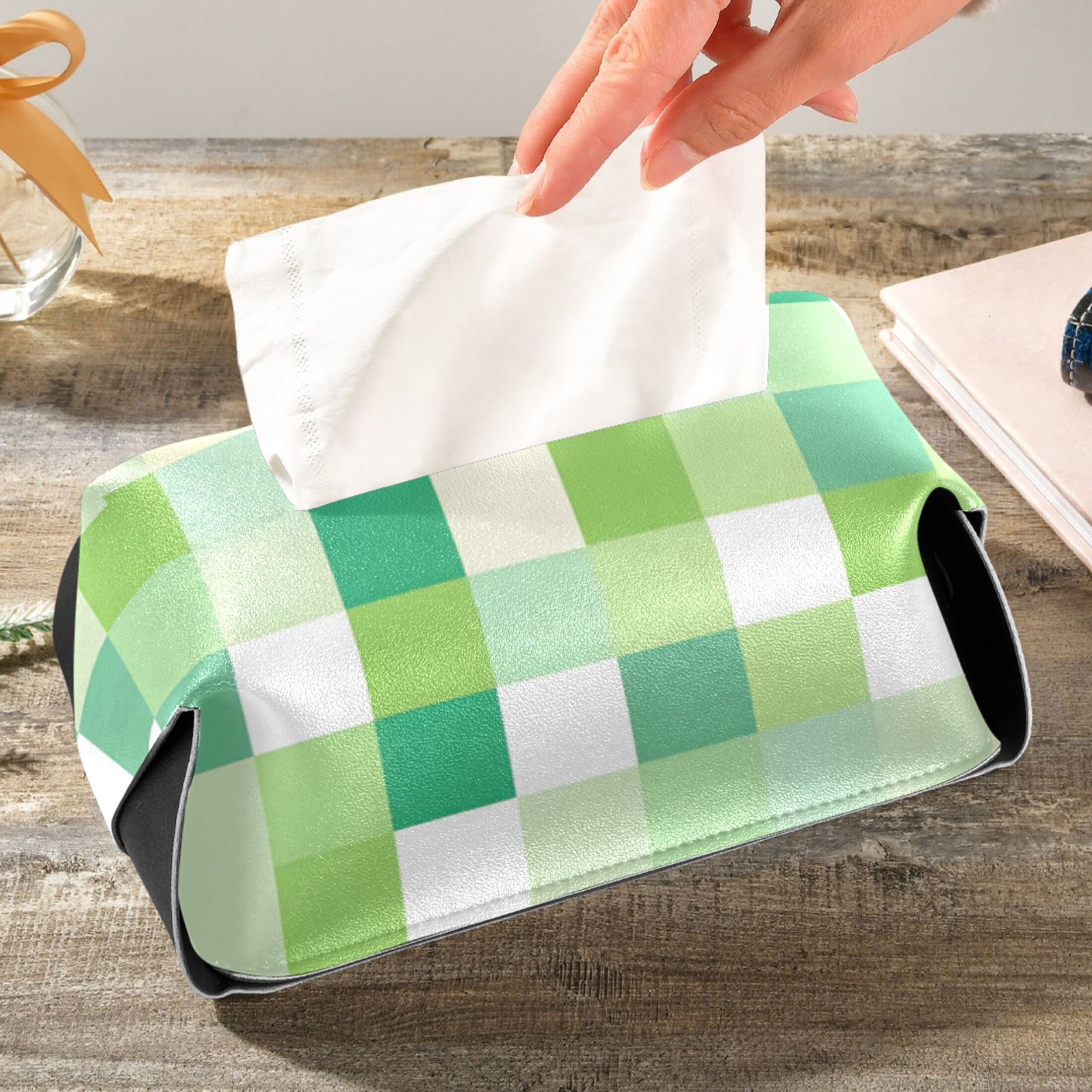 joogoo Leather Tissue Box Cover Green and White Geometric Lattice ...