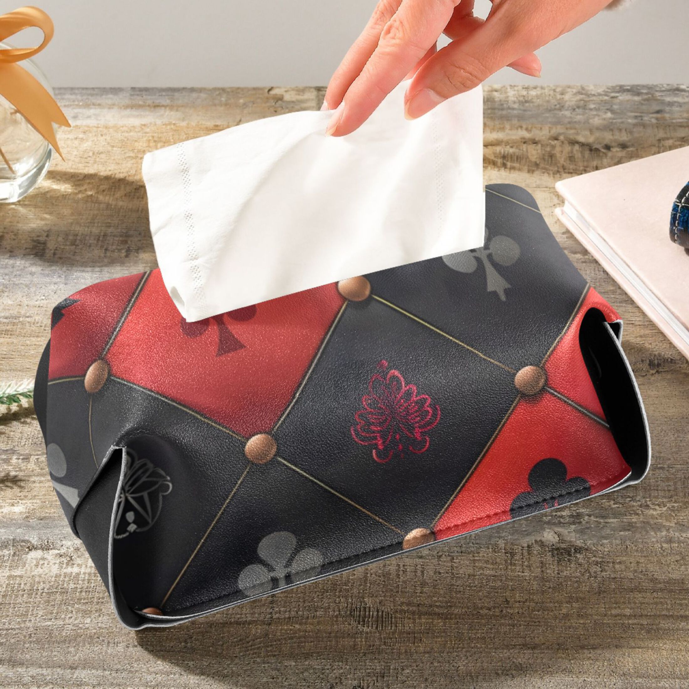 joogoo Leather Tissue Box Cover Red and Black Lattice Facial Cube ...