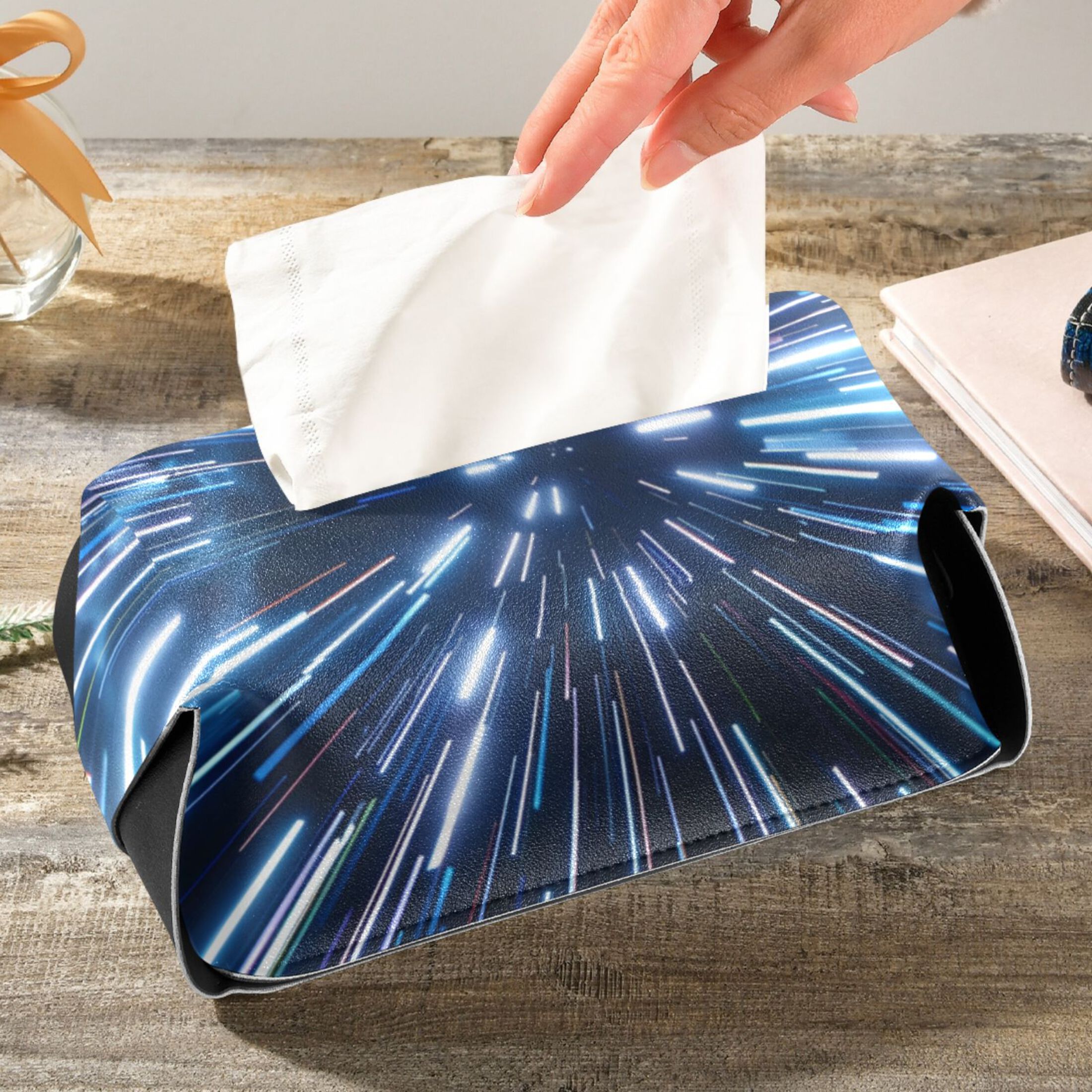 joogoo Leather Tissue Box Cover Space Light Blue Neon Stripes Facial ...