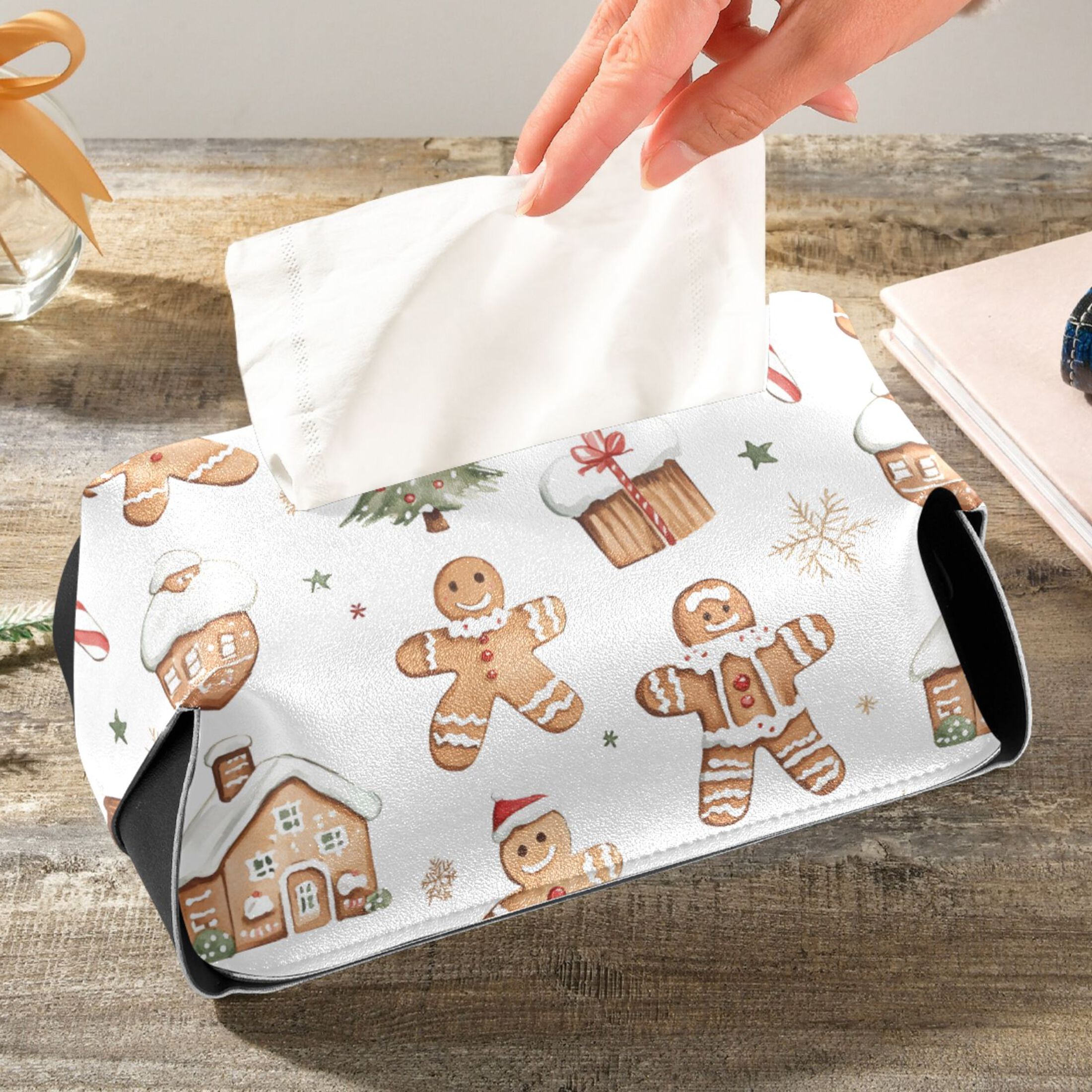 joogoo Leather Tissue Box Cover Watercolor Christmas Facial Cube Holder ...