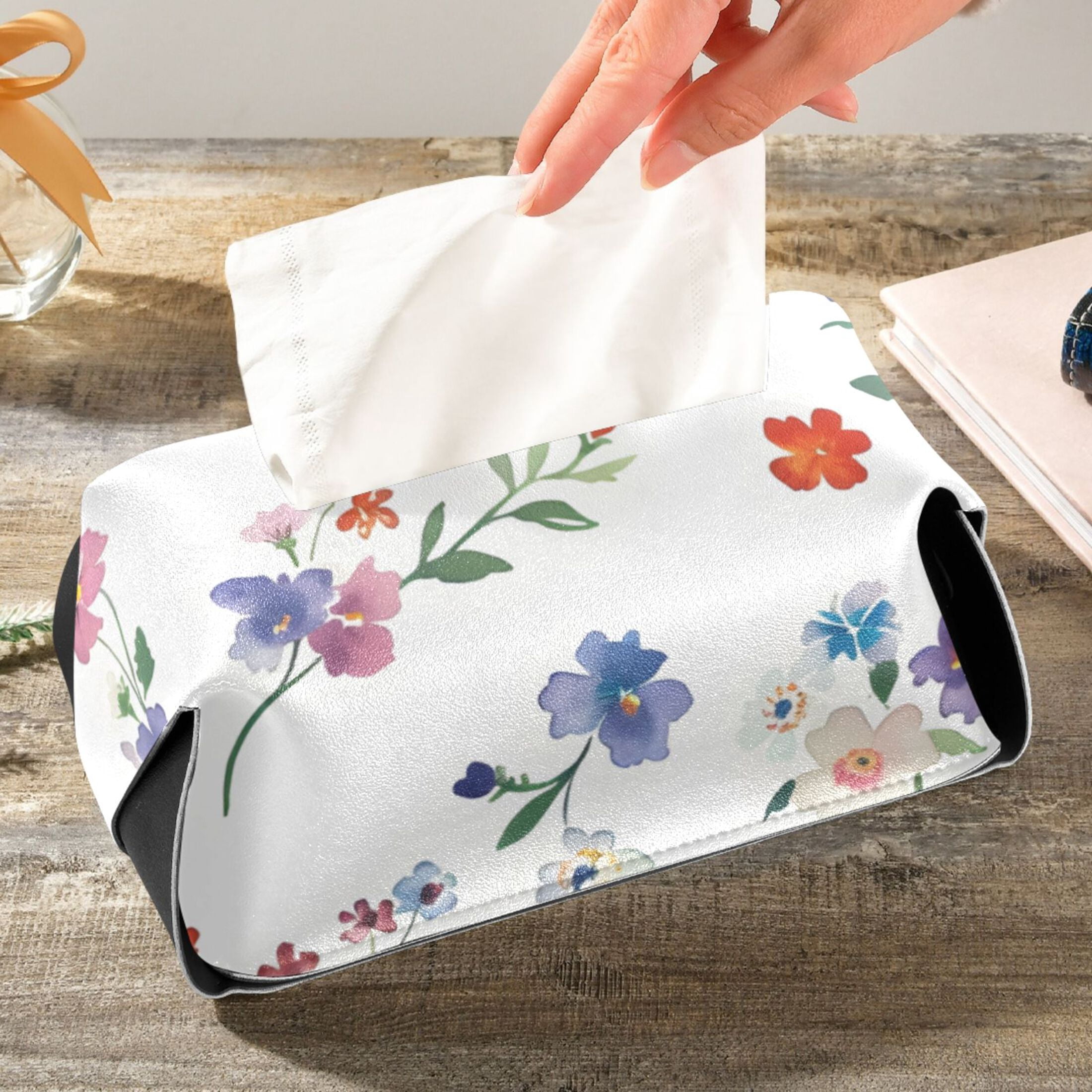 joogoo Leather Tissue Box Cover Watercolor Flower Paint Facial Cube ...