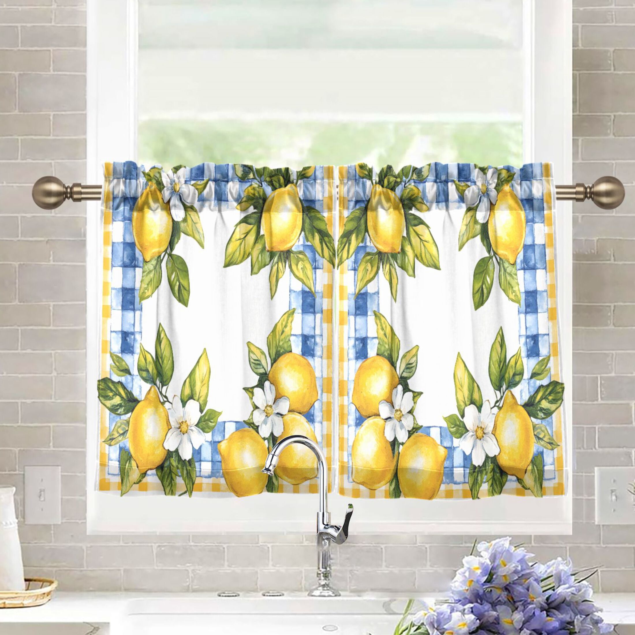 joogoo Lemon and Checkered Grid Pattern Curtains Sets Half Window Cafe ...