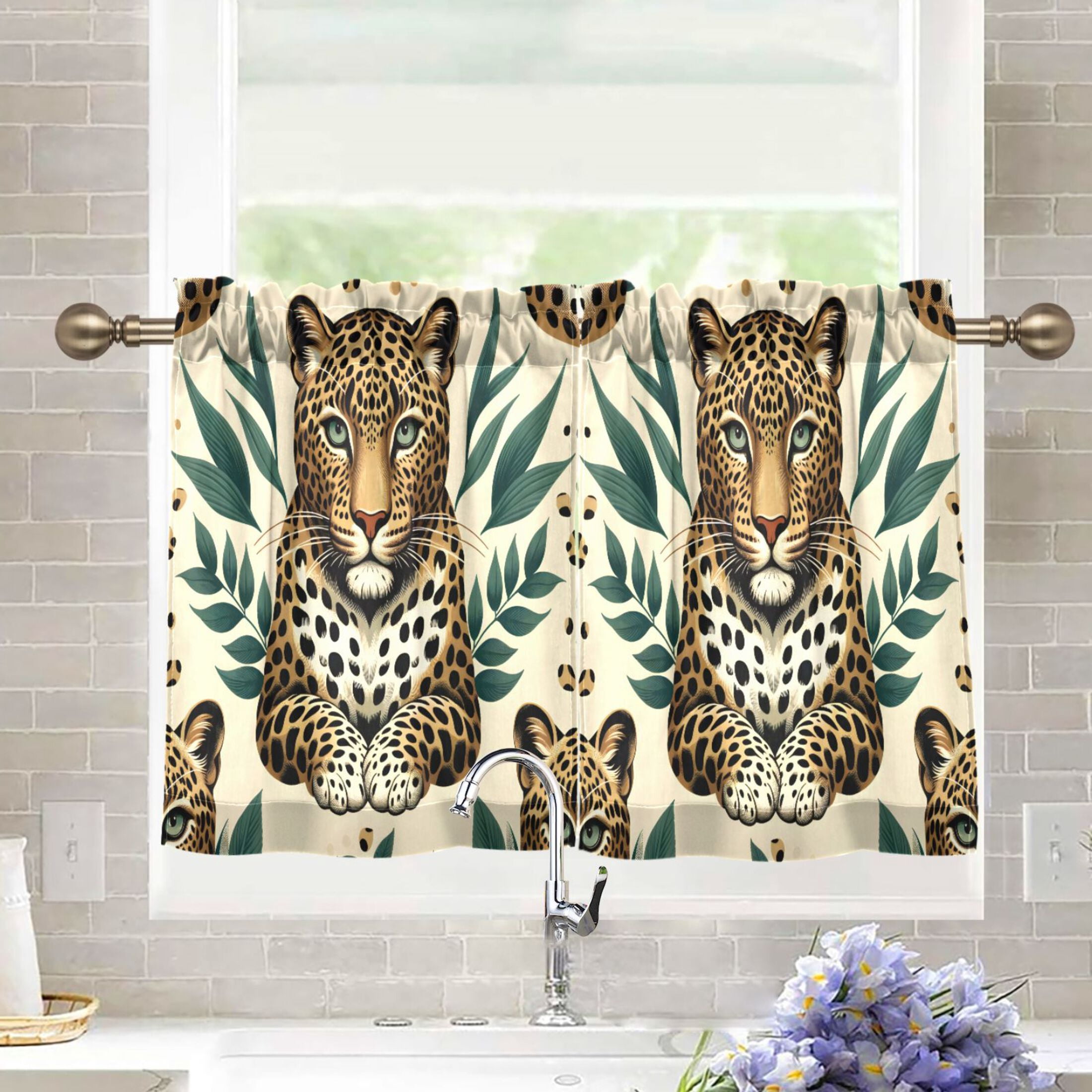 joogoo Leopard and Leaves Curtains Sets Half Window Cafe Farmhouse Tier ...