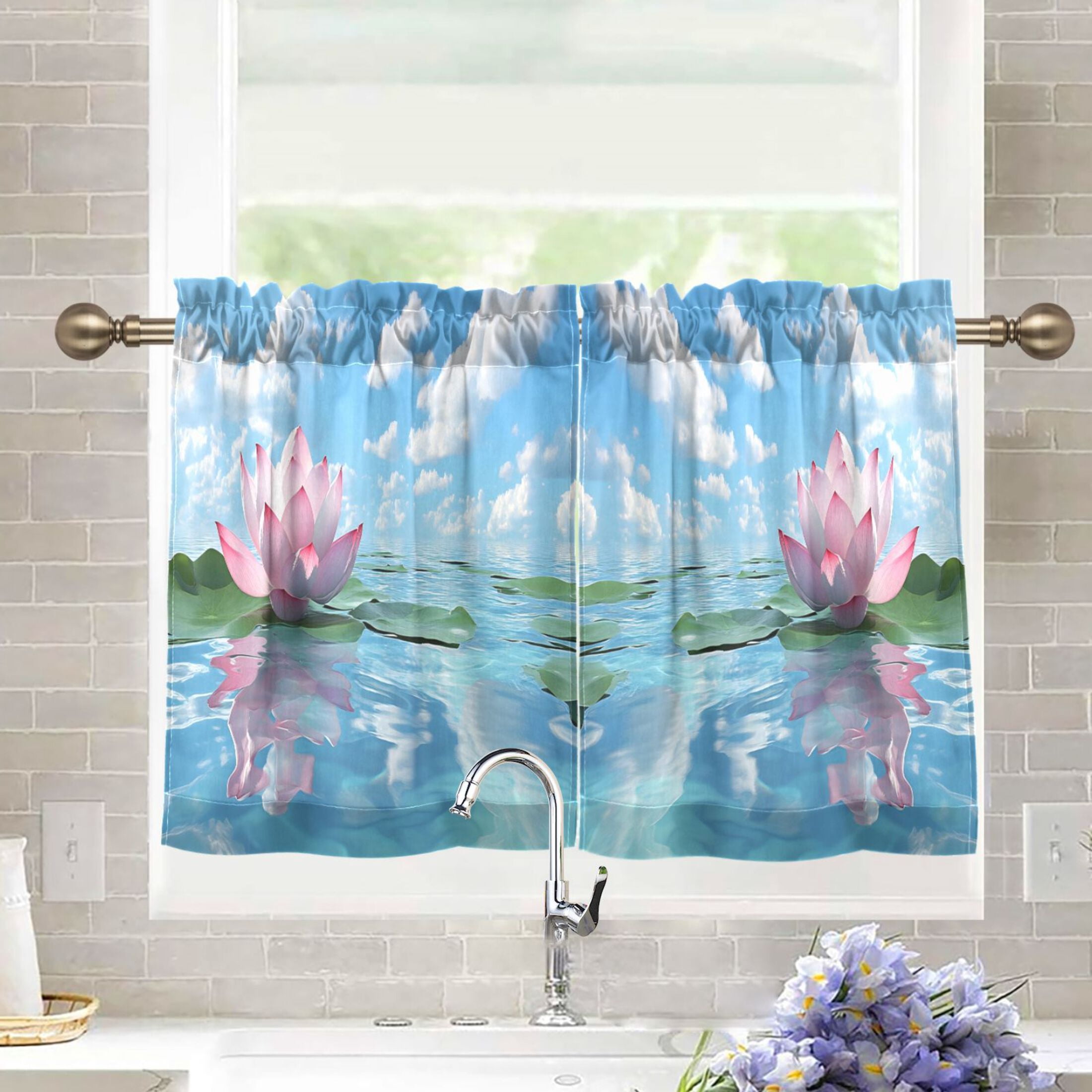 joogoo Lotus Flower Blue Sky Curtains Sets Half Window Cafe Farmhouse ...