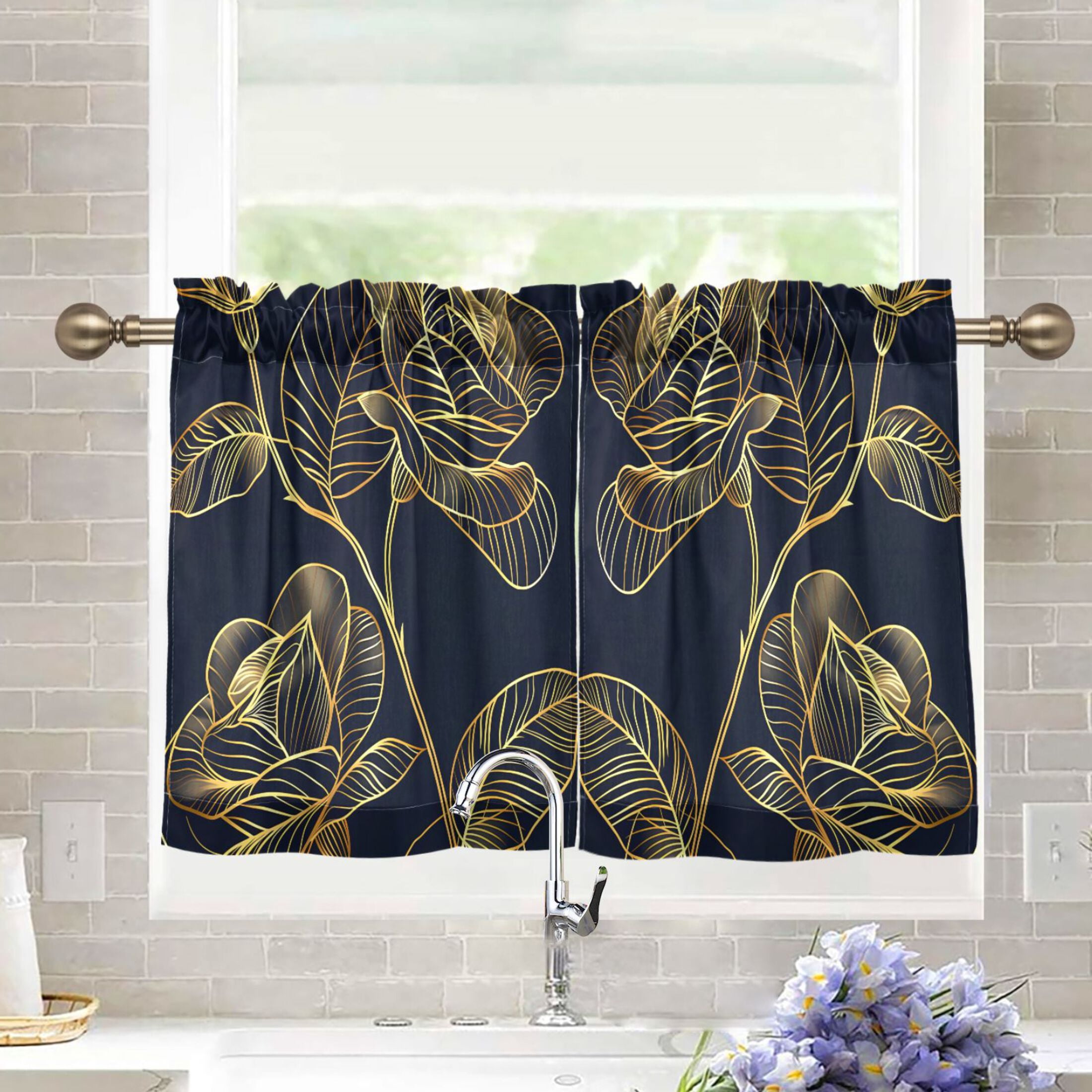 joogoo Luxury Golden Rose Flower Curtains Sets Half Window Cafe ...