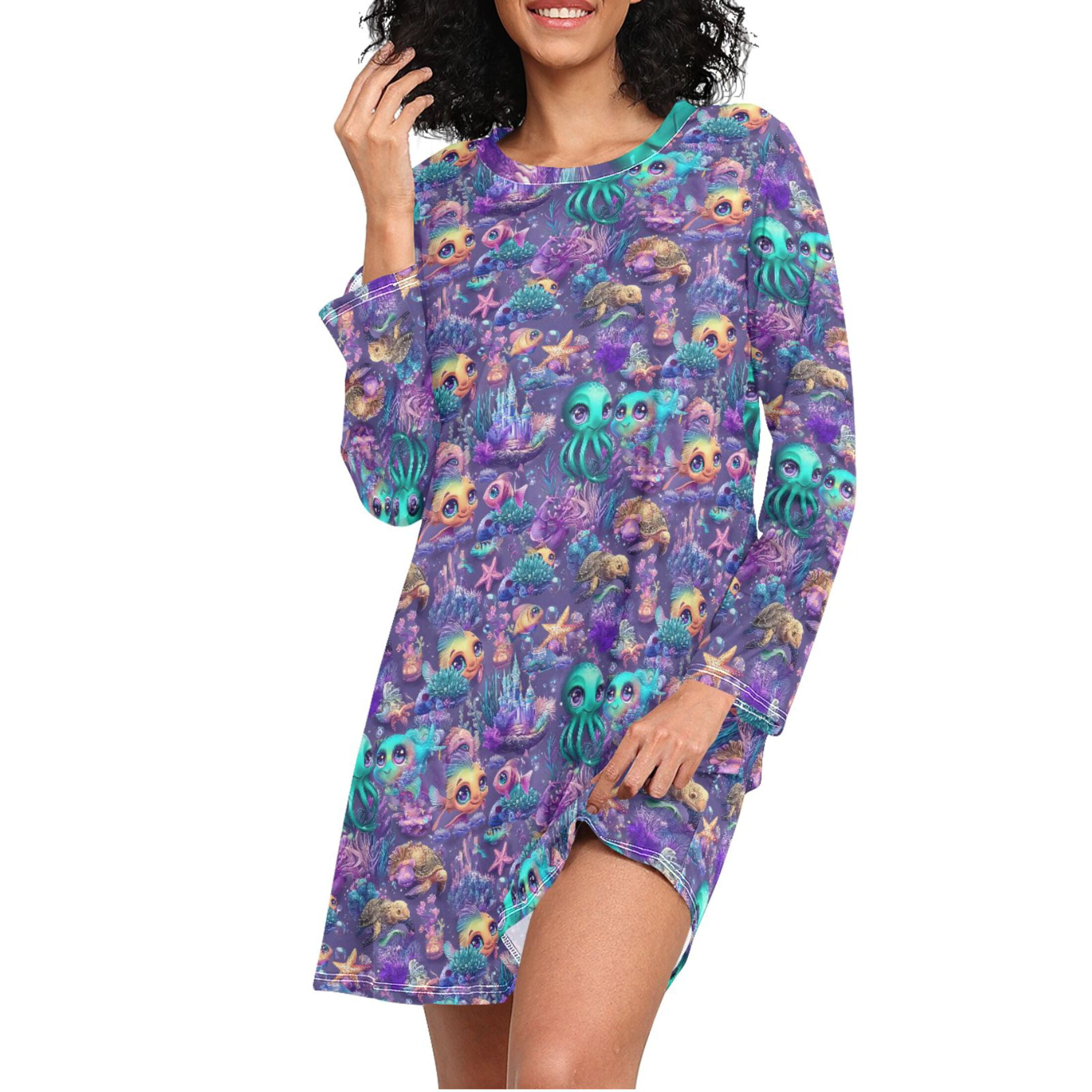 joogoo Magic Fish Ocean Castle Women's Long Sleeve Nightgown Sleepwear ...