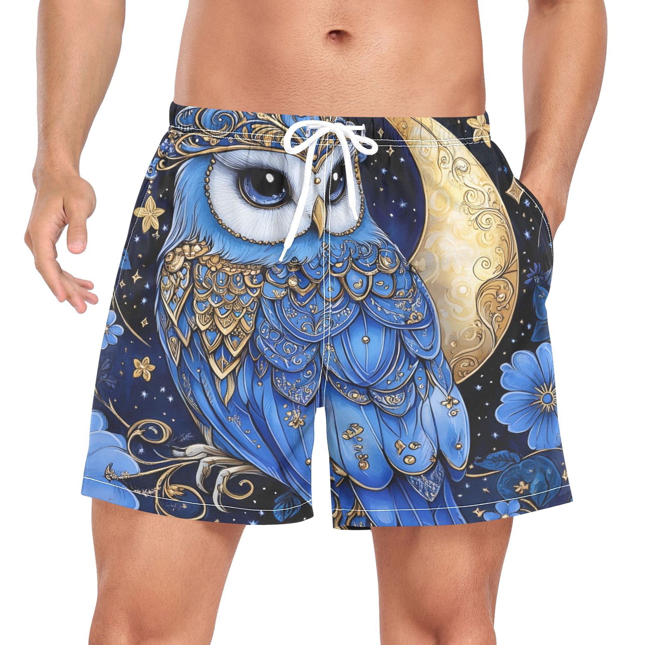 joogoo Men's Owl Bloom Flower Swim Trunks with Liner Pocket Beach ...