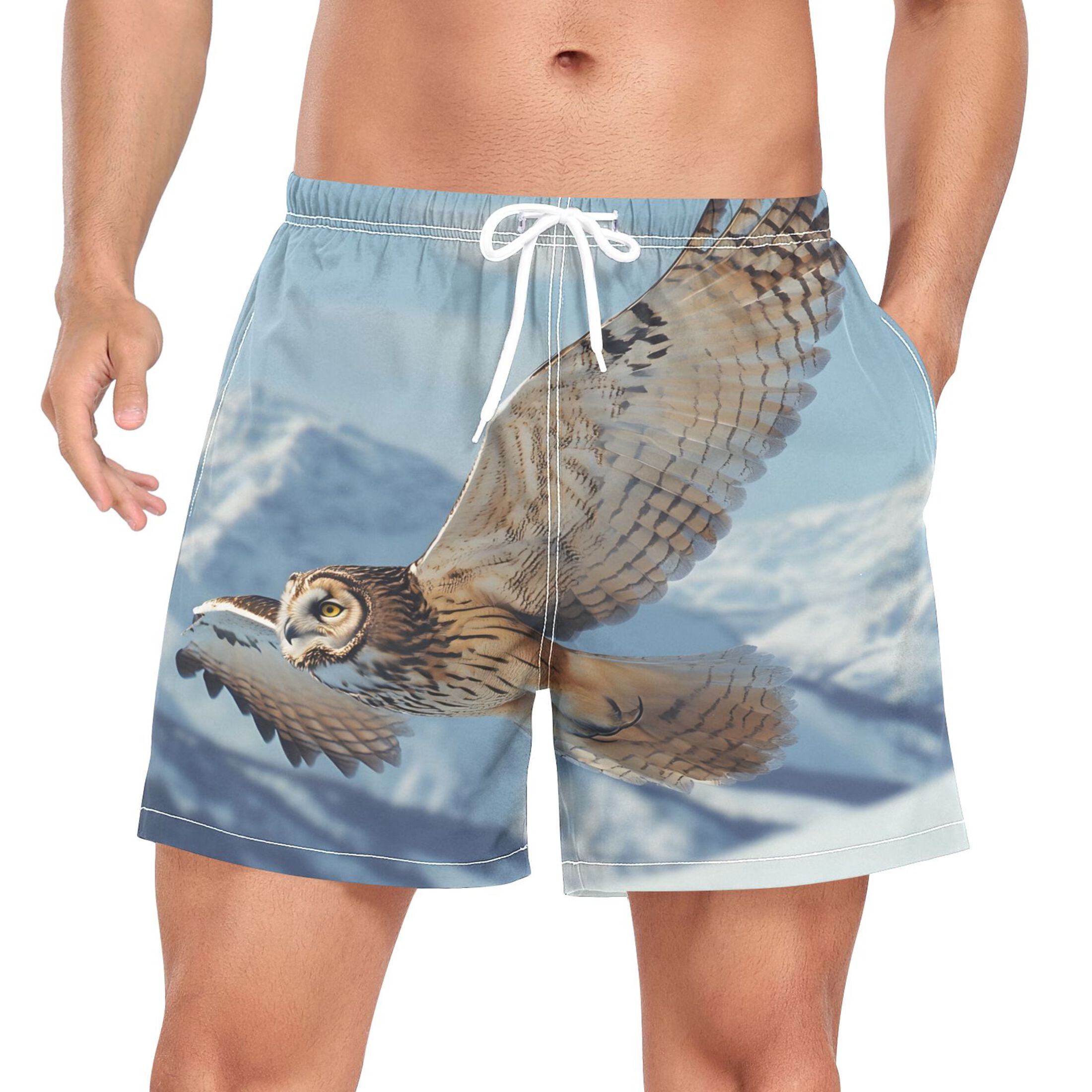 joogoo Men's Owl Flying Swim Trunks with Liner Pocket Beach Shorts ...