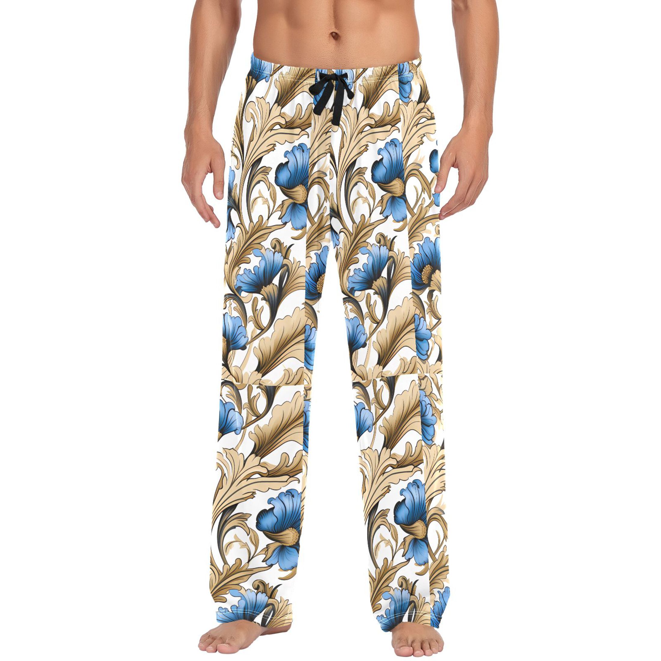 joogoo Men's Pajama Pants Blue Flowers with Gold Leaves Cotton Long ...