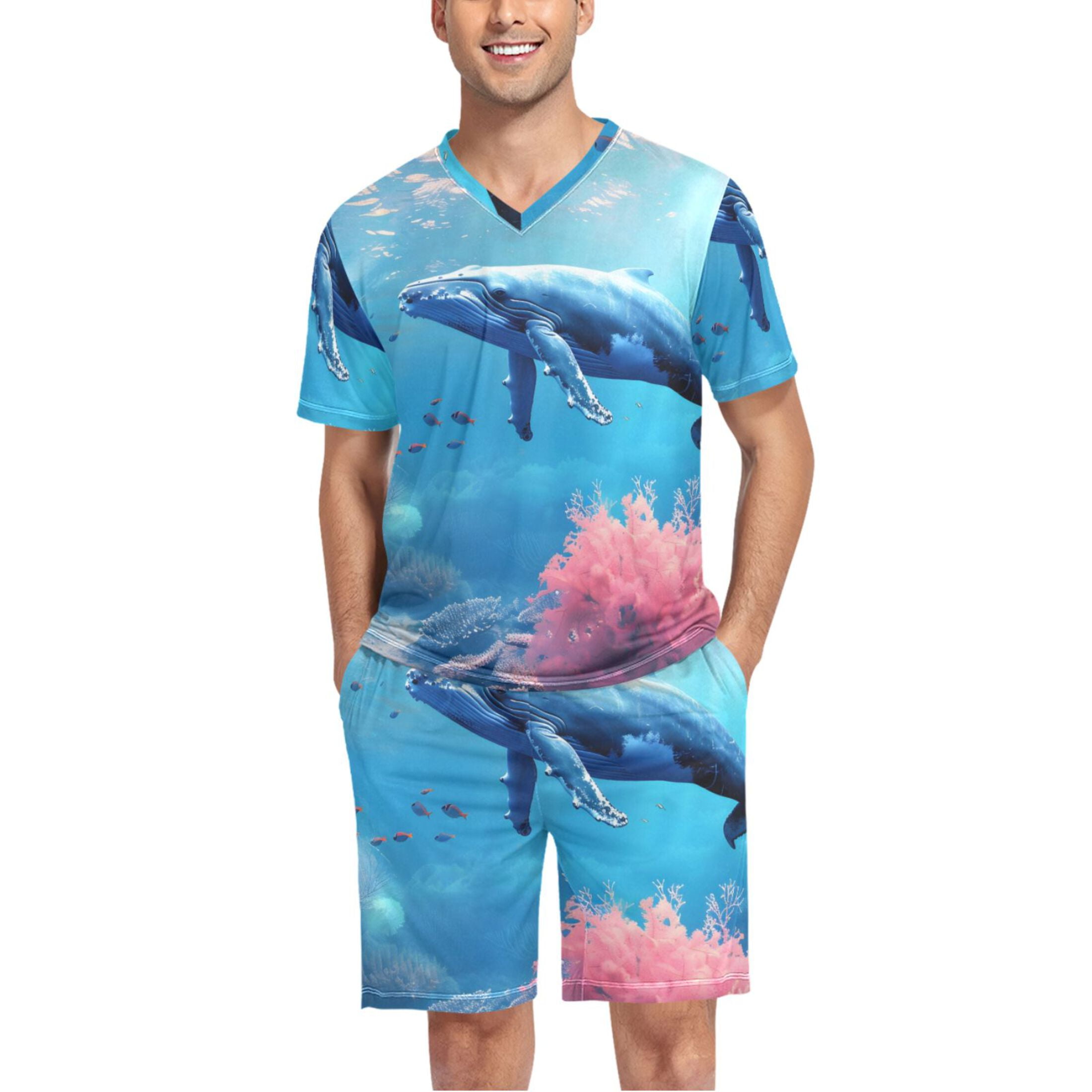 joogoo Men's Pajama Set A Whale under Sea V-Neck Pj Shorts Set 2 Piece ...