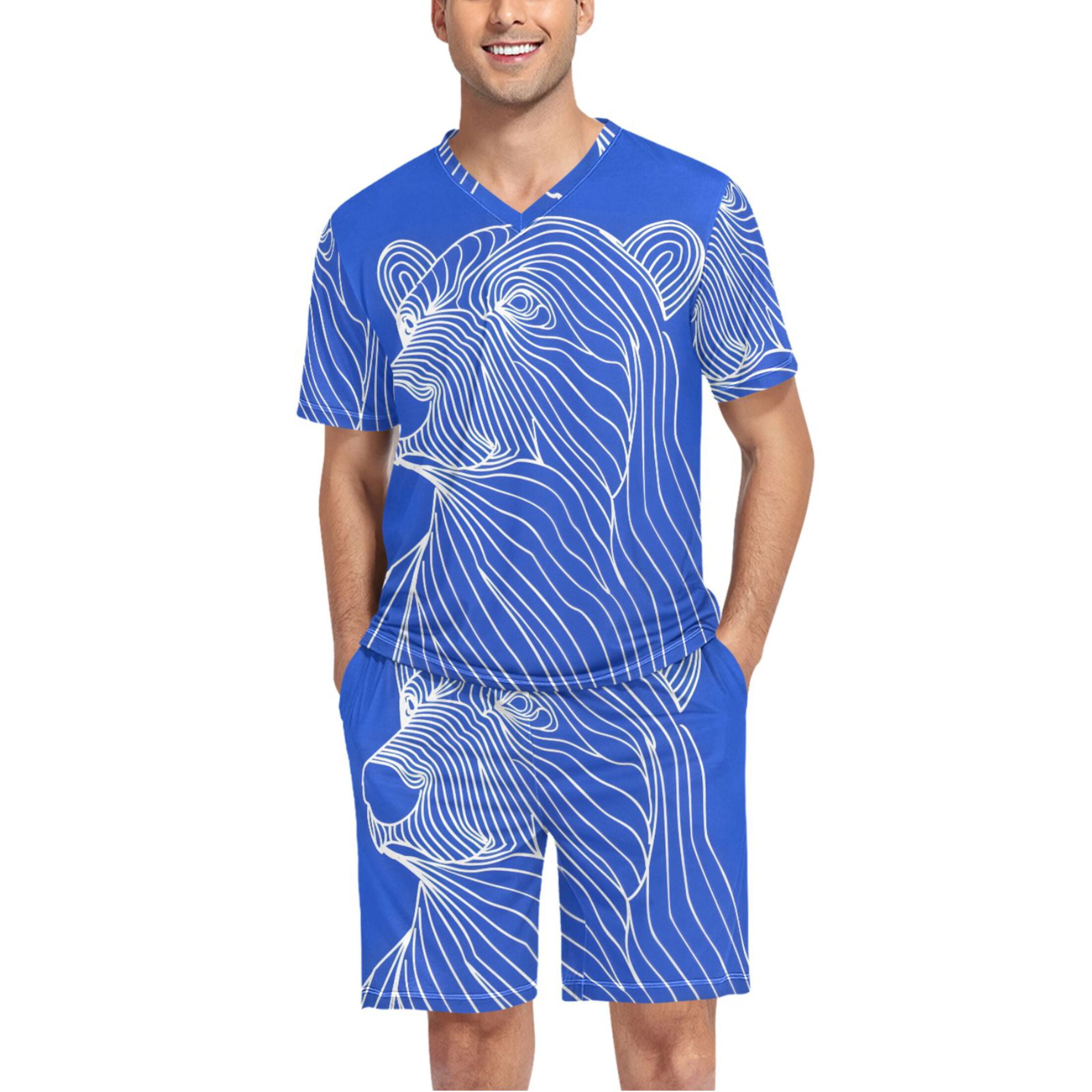 joogoo Men's Pajama Set Bear Line Pattern V-Neck Pj Shorts Set 2 Piece ...