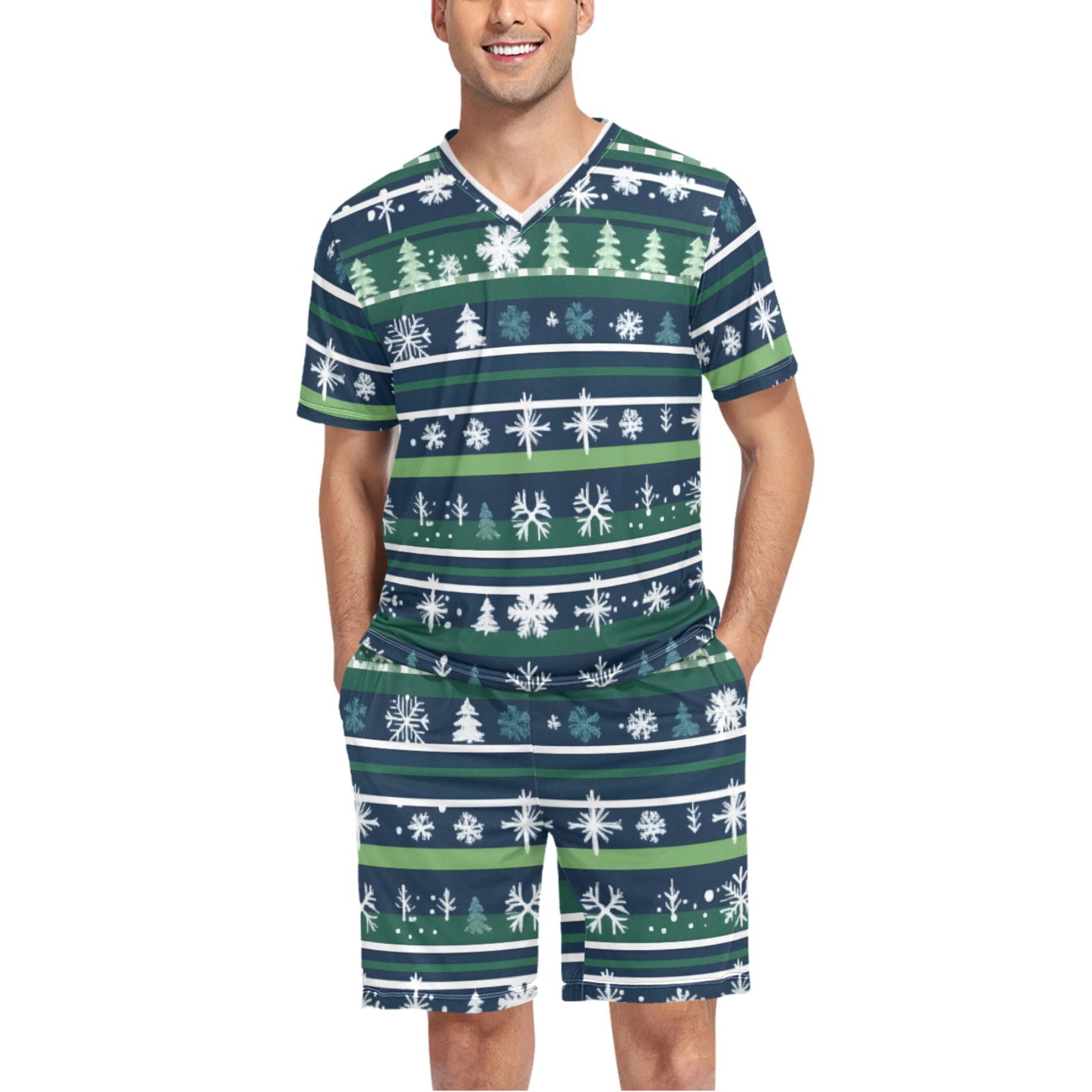 joogoo Men's Pajama Set Boho Snowflake on Stripe V-Neck Pj Shorts Set 2 ...