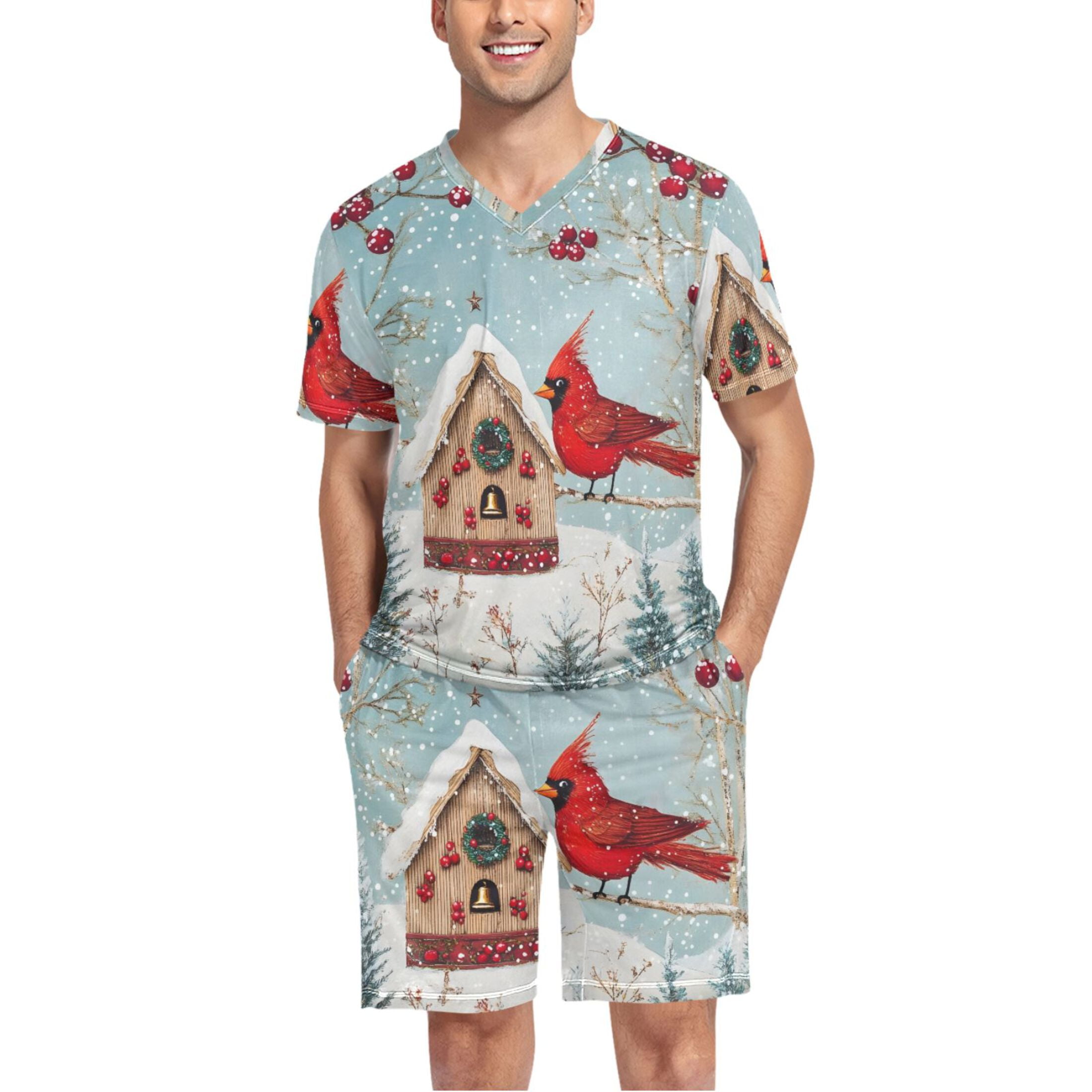 joogoo Men's Pajama Set Cardinal Bird Christmas V-Neck Pj Shorts Set 2 ...