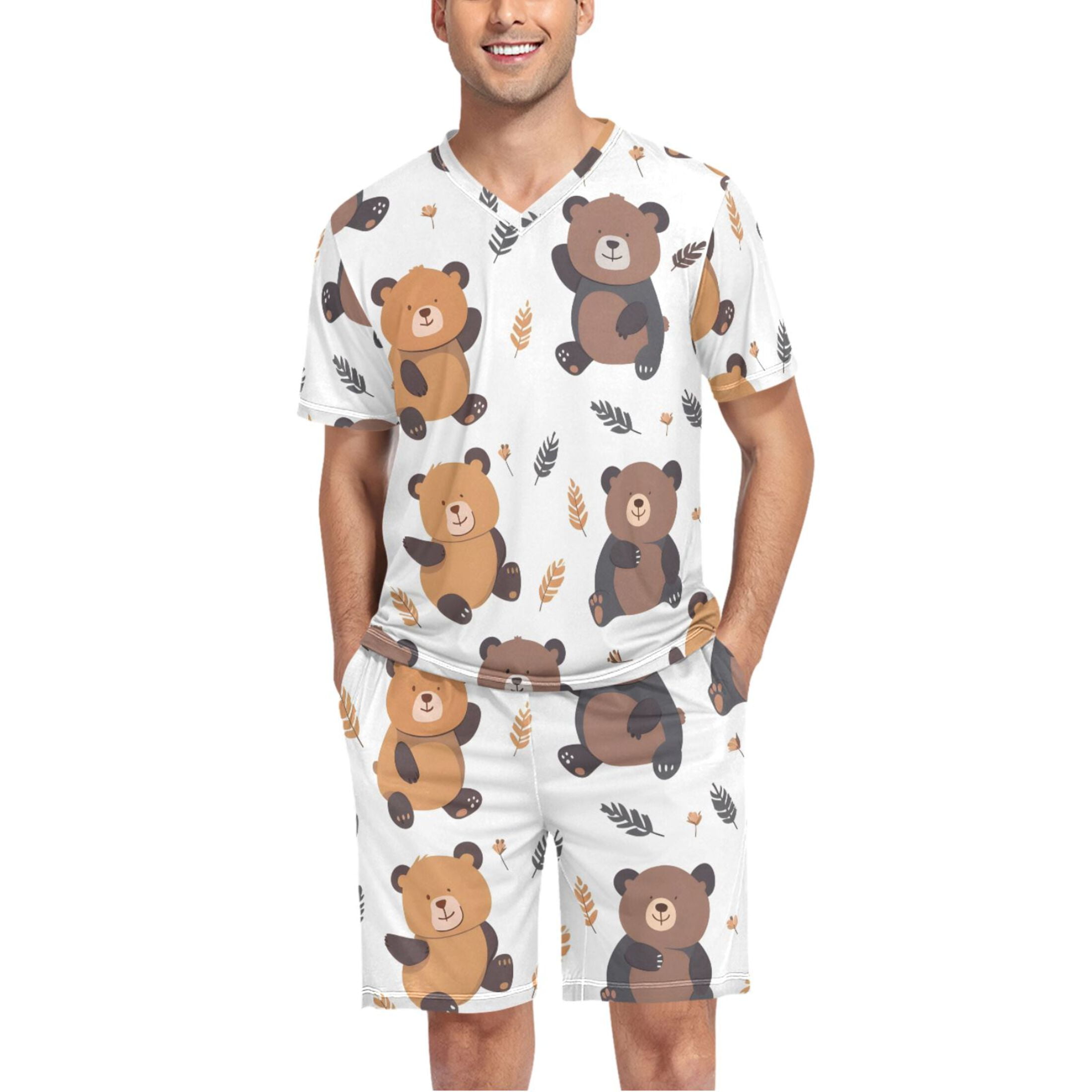 joogoo Men's Pajama Set Cartoon Bear V-Neck Pj Shorts Set 2 Piece ...