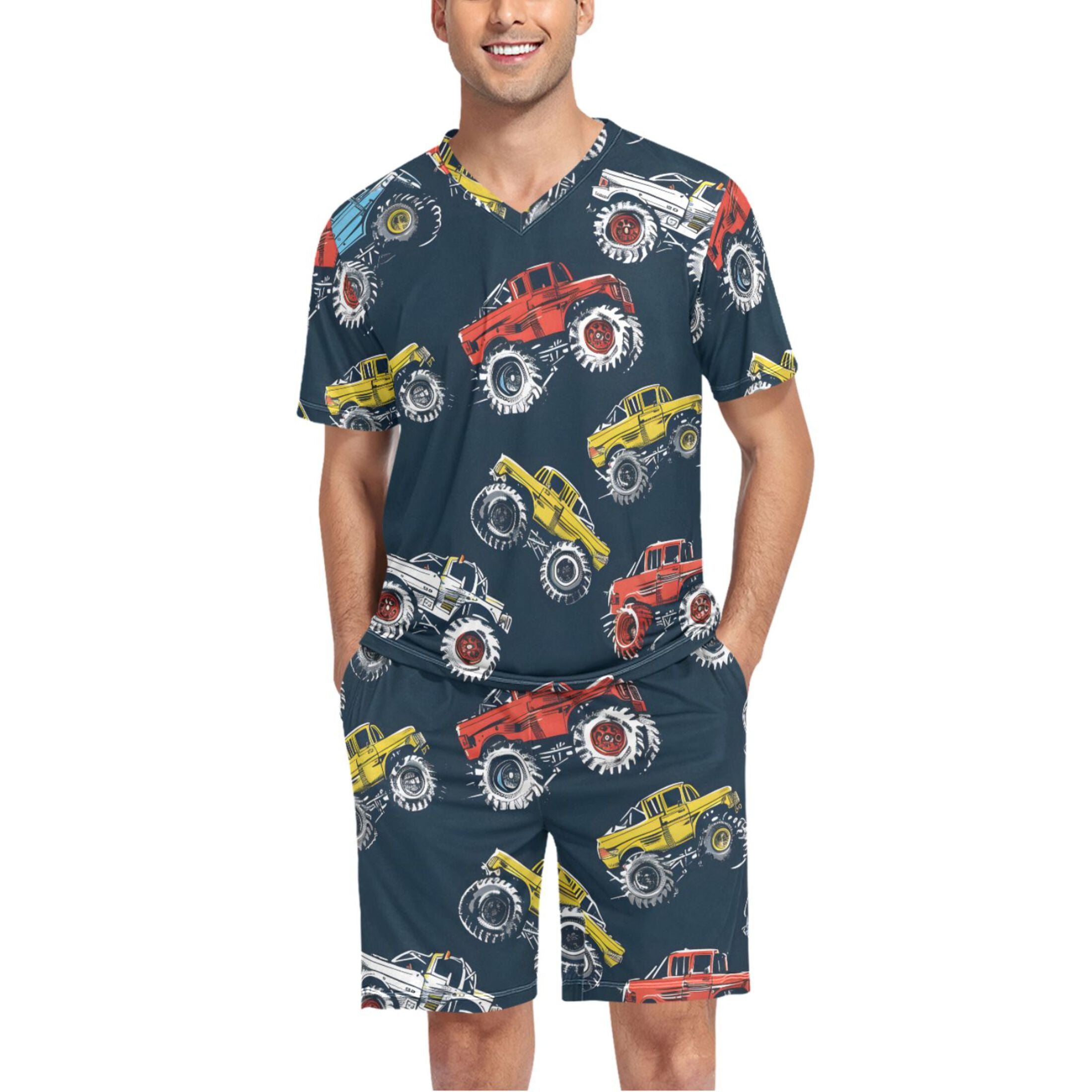 joogoo Men's Pajama Set Cartoon Monster Trucks Comic V-Neck Pj Shorts ...