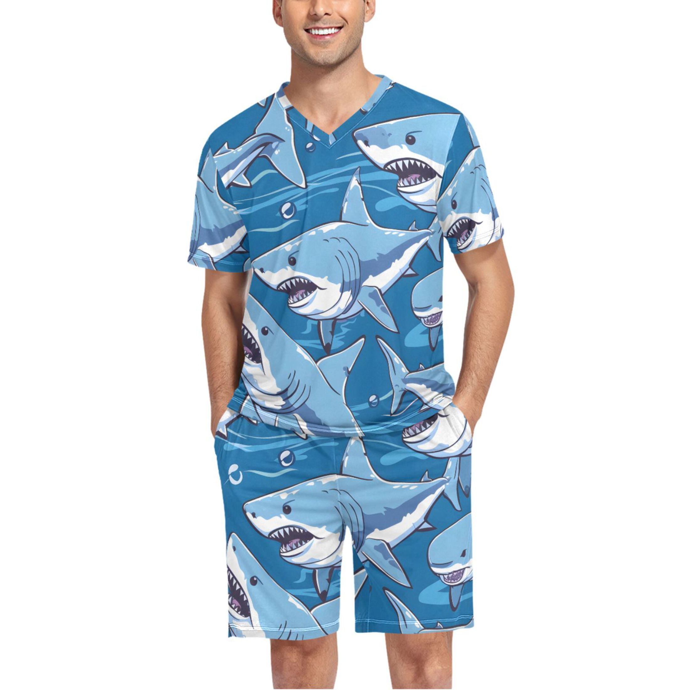 joogoo Men's Pajama Set Cartoon Sharks V-Neck Pj Shorts Set 2 Piece ...