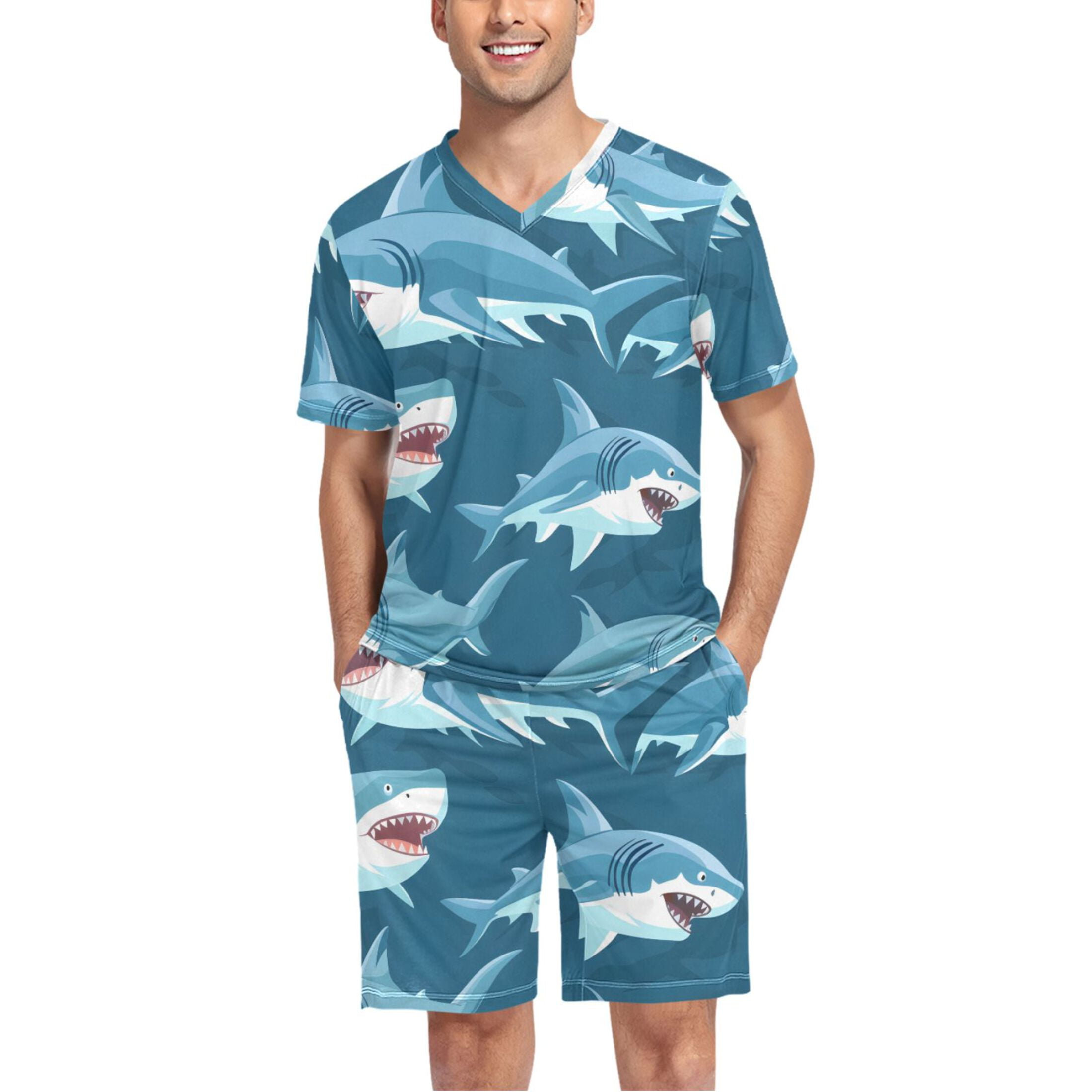 joogoo Men's Pajama Set Cartoon Sharks V-Neck Pj Shorts Set 2 Piece ...
