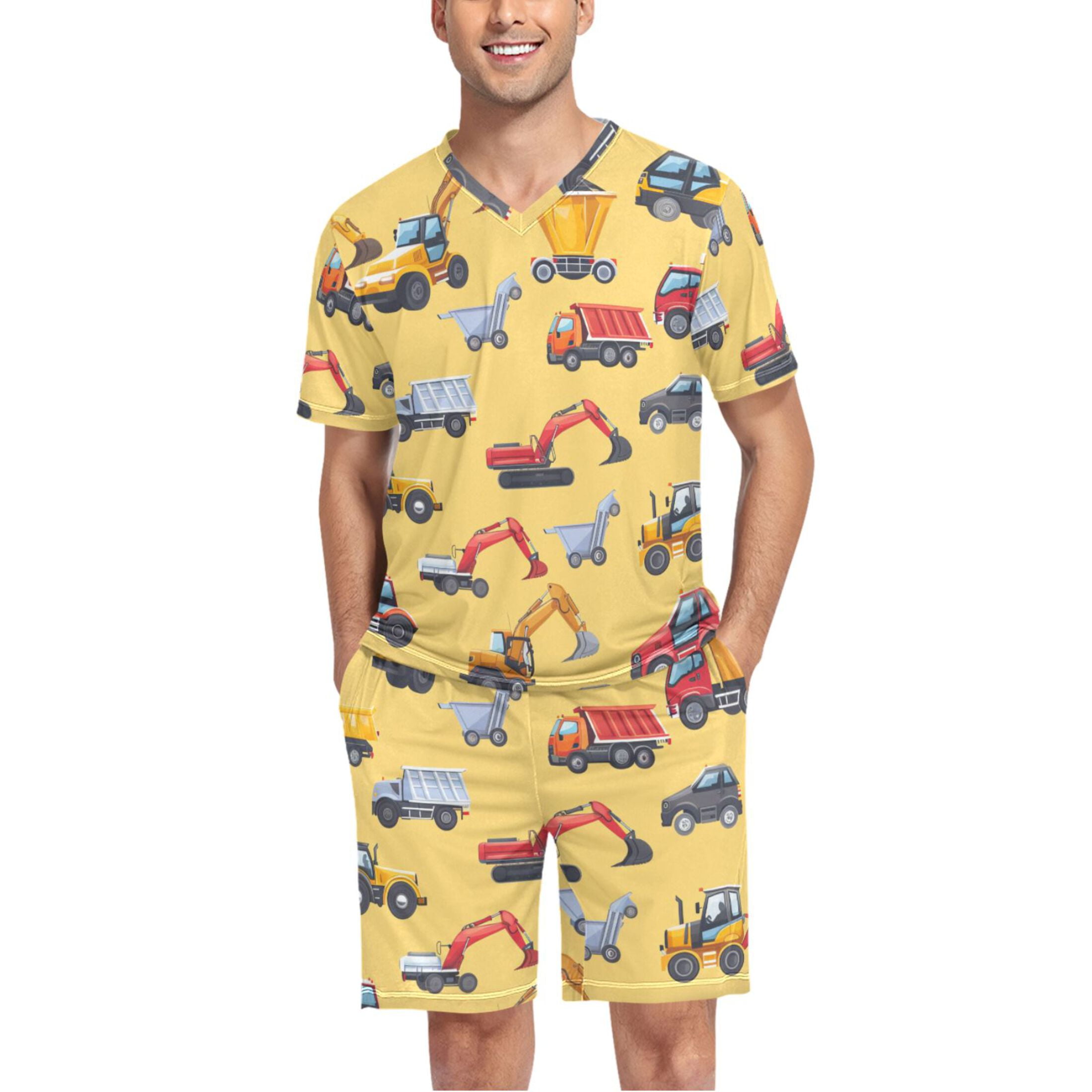 joogoo Men's Pajama Set Cartoon Truck Cute Excavator Vehicle V-Neck Pj ...