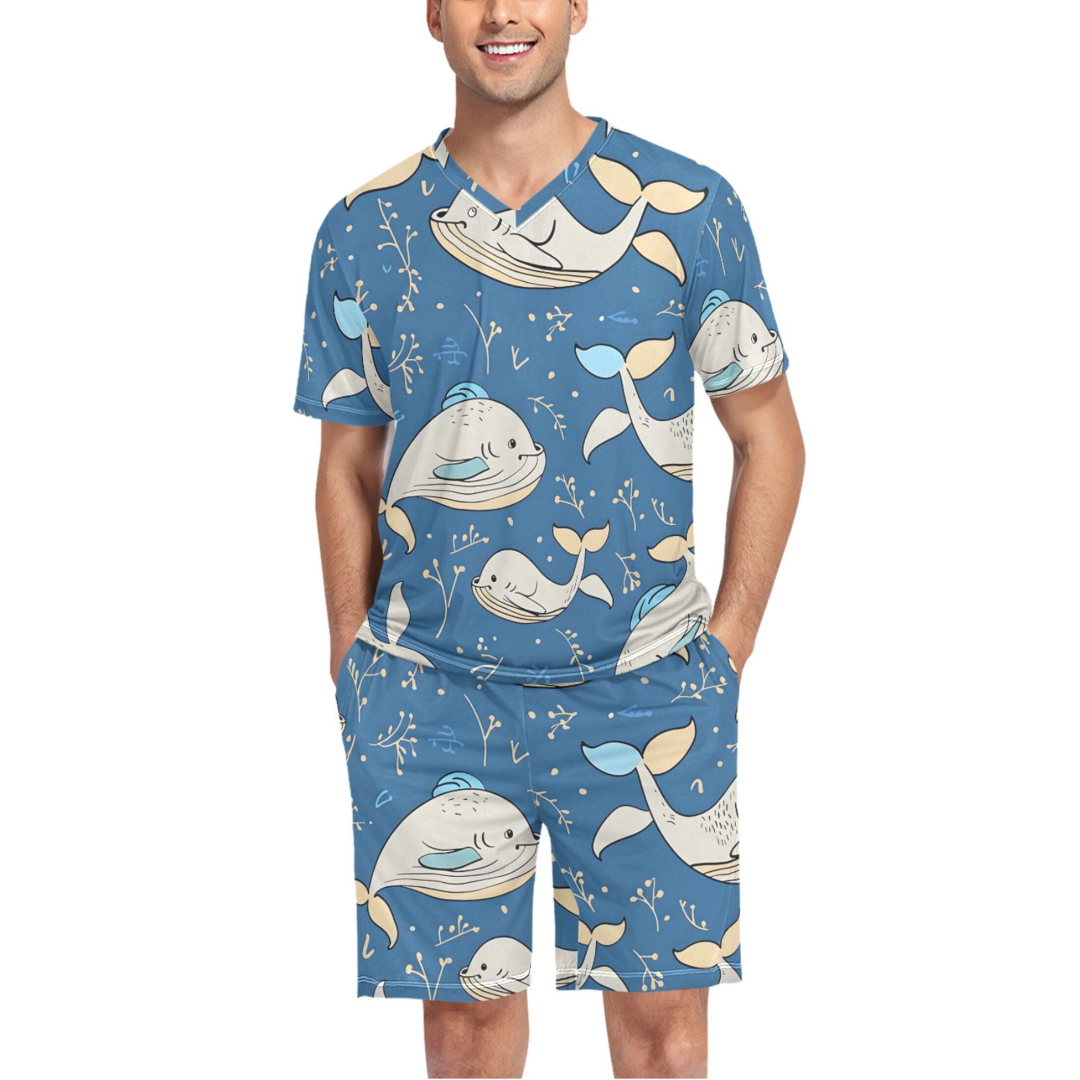 joogoo Men's Pajama Set Cartoon Whale V-Neck Pj Shorts Set 2 Piece ...