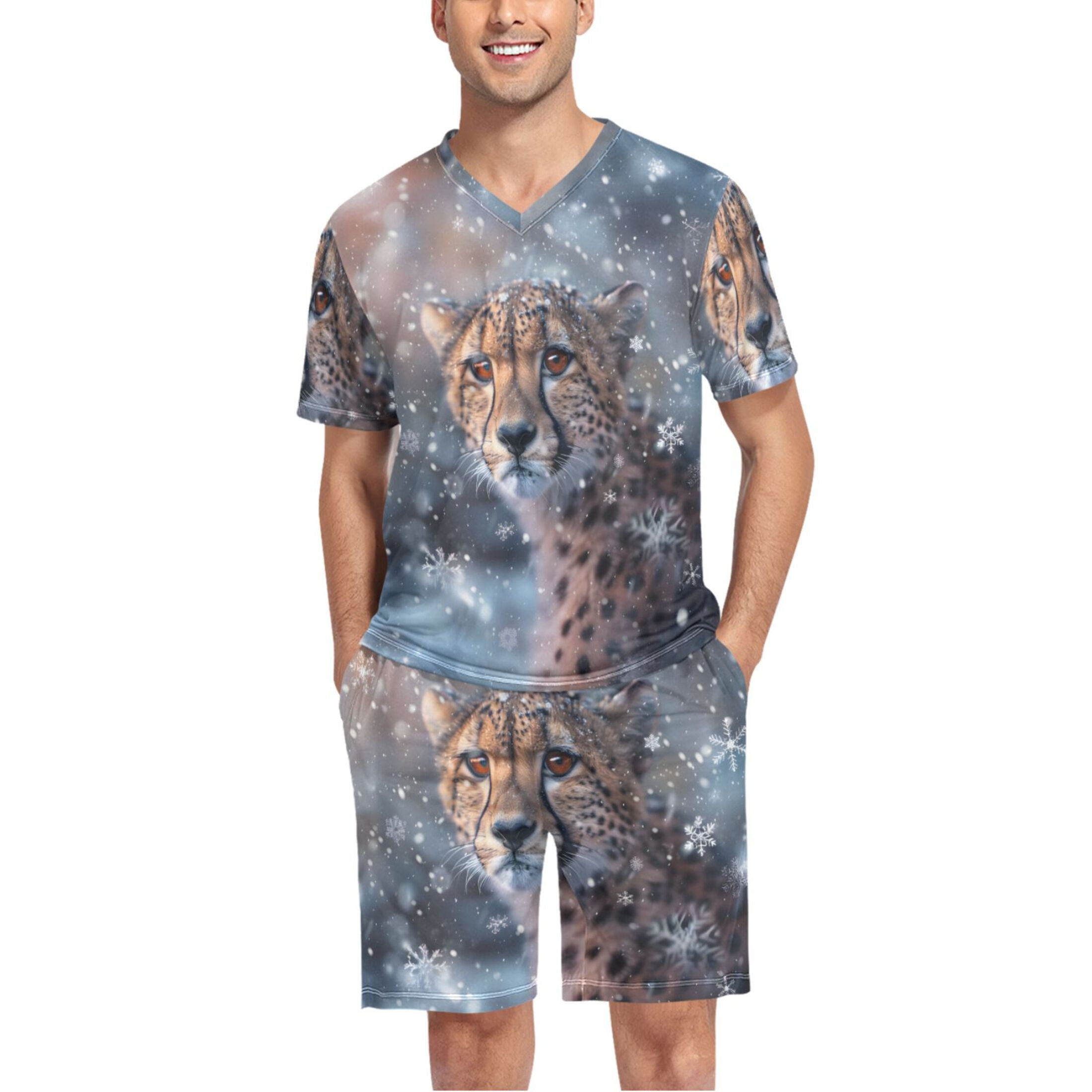 joogoo Men's Pajama Set Cheetahs and Snowflakes V-Neck Pj Shorts Set 2 ...