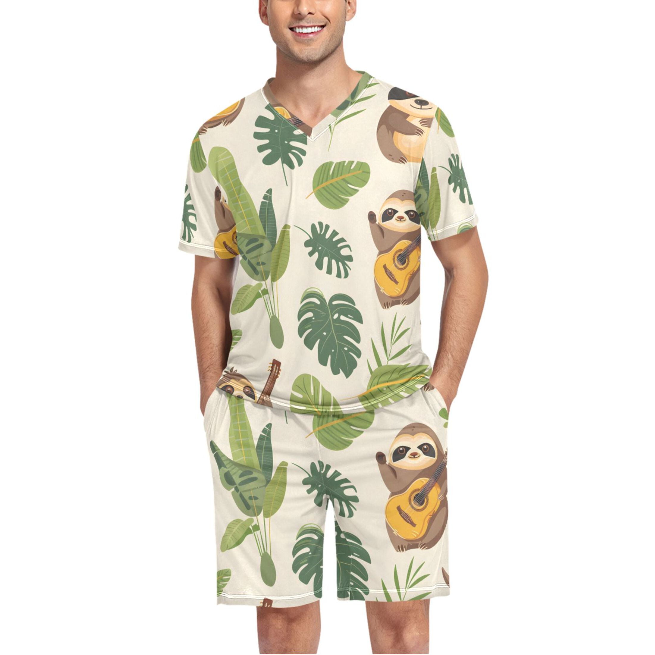 joogoo Men's Pajama Set Cool Sloth Play Guitar V-Neck Pj Shorts Set 2 ...