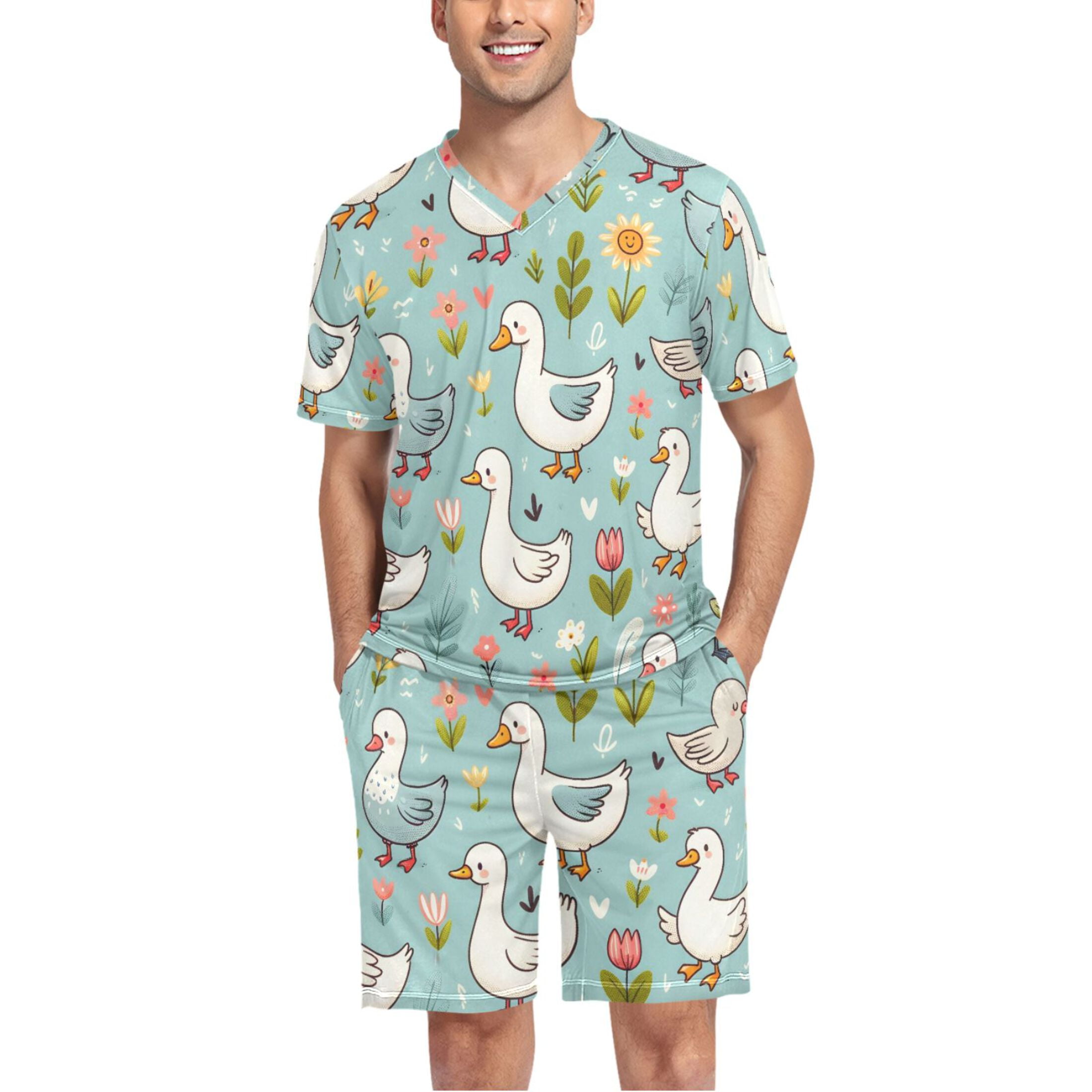 joogoo Men's Pajama Set Cute Cartoon Goose V-Neck Pj Shorts Set 2 Piece ...