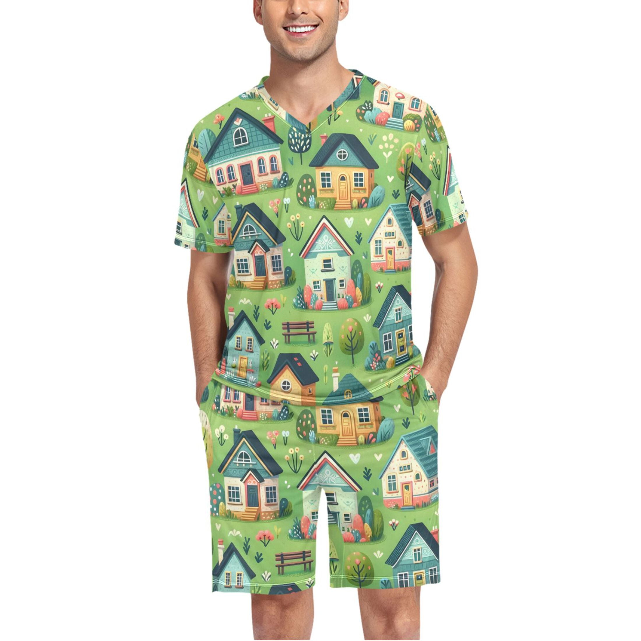 joogoo Men's Pajama Set Cute Houses and Trees V-Neck Pj Shorts Set 2 ...