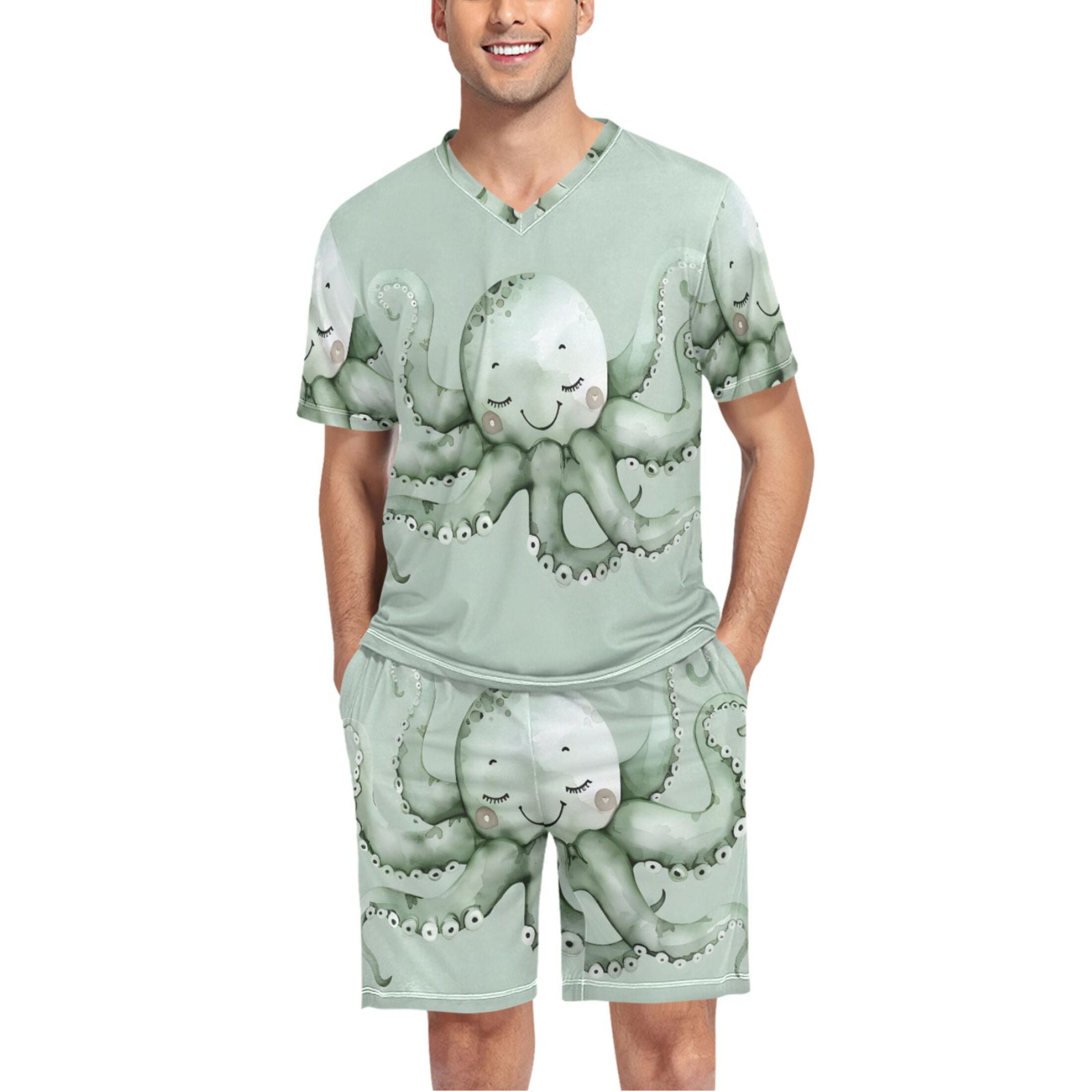 joogoo Men's Pajama Set Cute Octopus V-Neck Pj Shorts Set 2 Piece ...