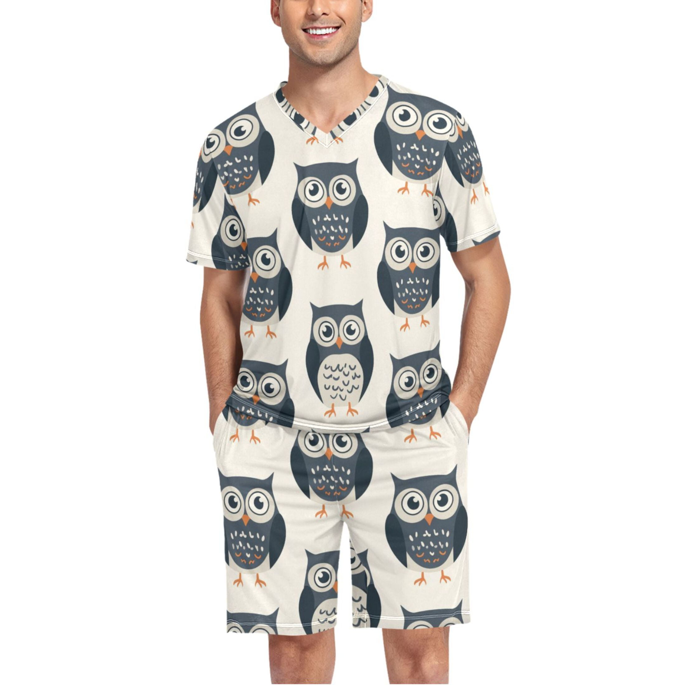 joogoo Men's Pajama Set Cute Owls V-Neck Pj Shorts Set 2 Piece ...
