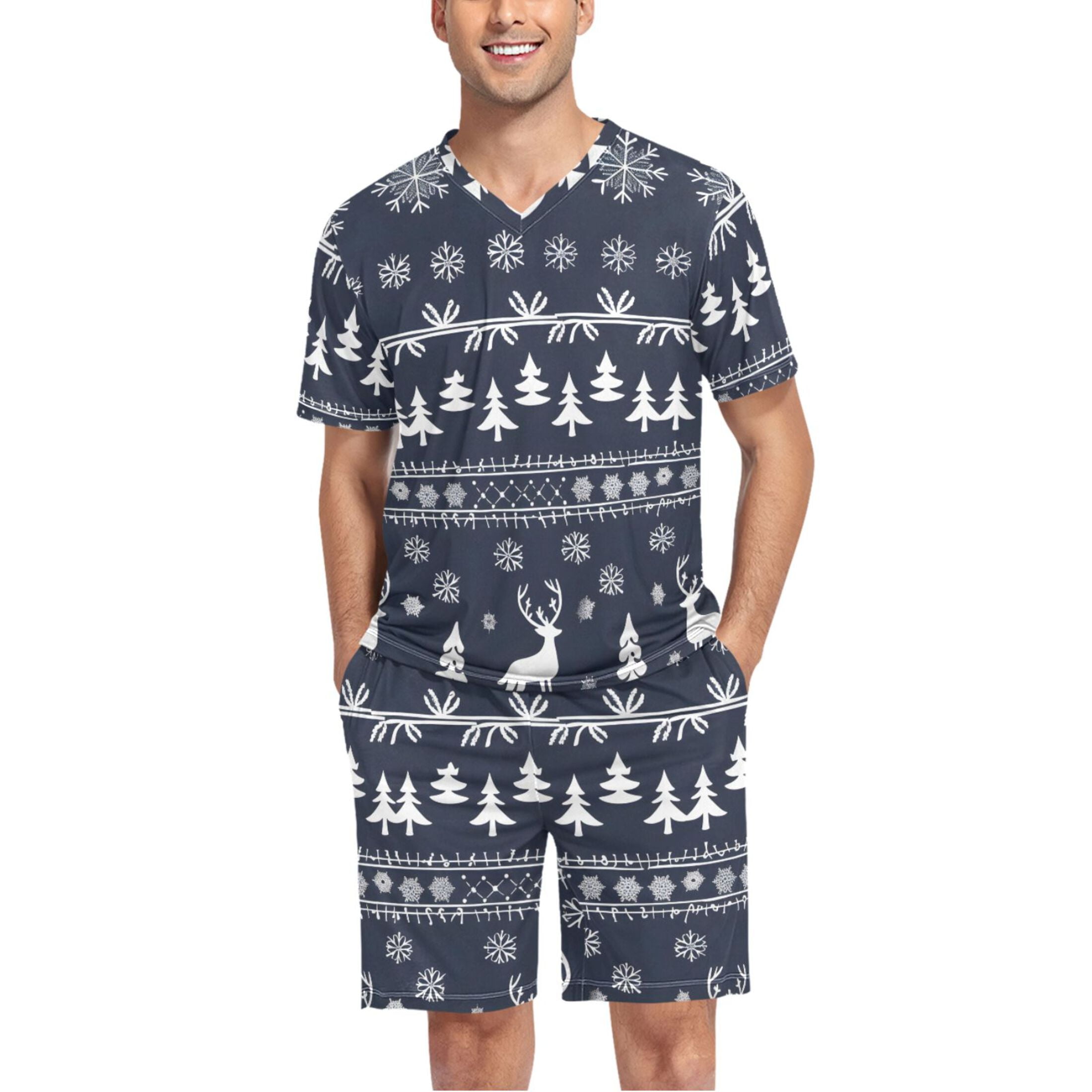 joogoo Men's Pajama Set Deer Christmas Snowflake Pattern V-Neck Pj ...