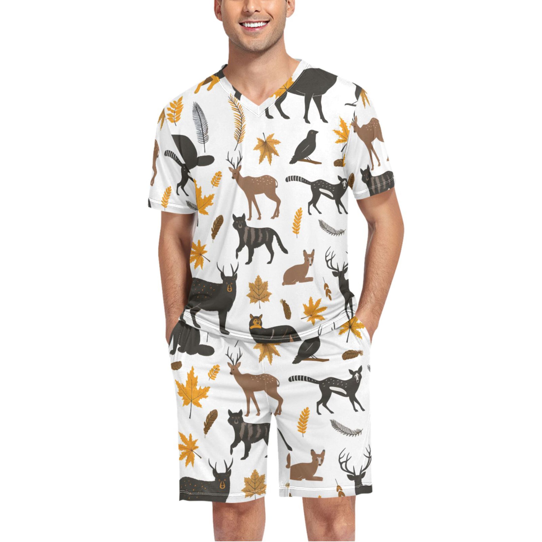 joogoo Men's Pajama Set Deers Leopards Leaves V-Neck Pj Shorts Set 2 ...