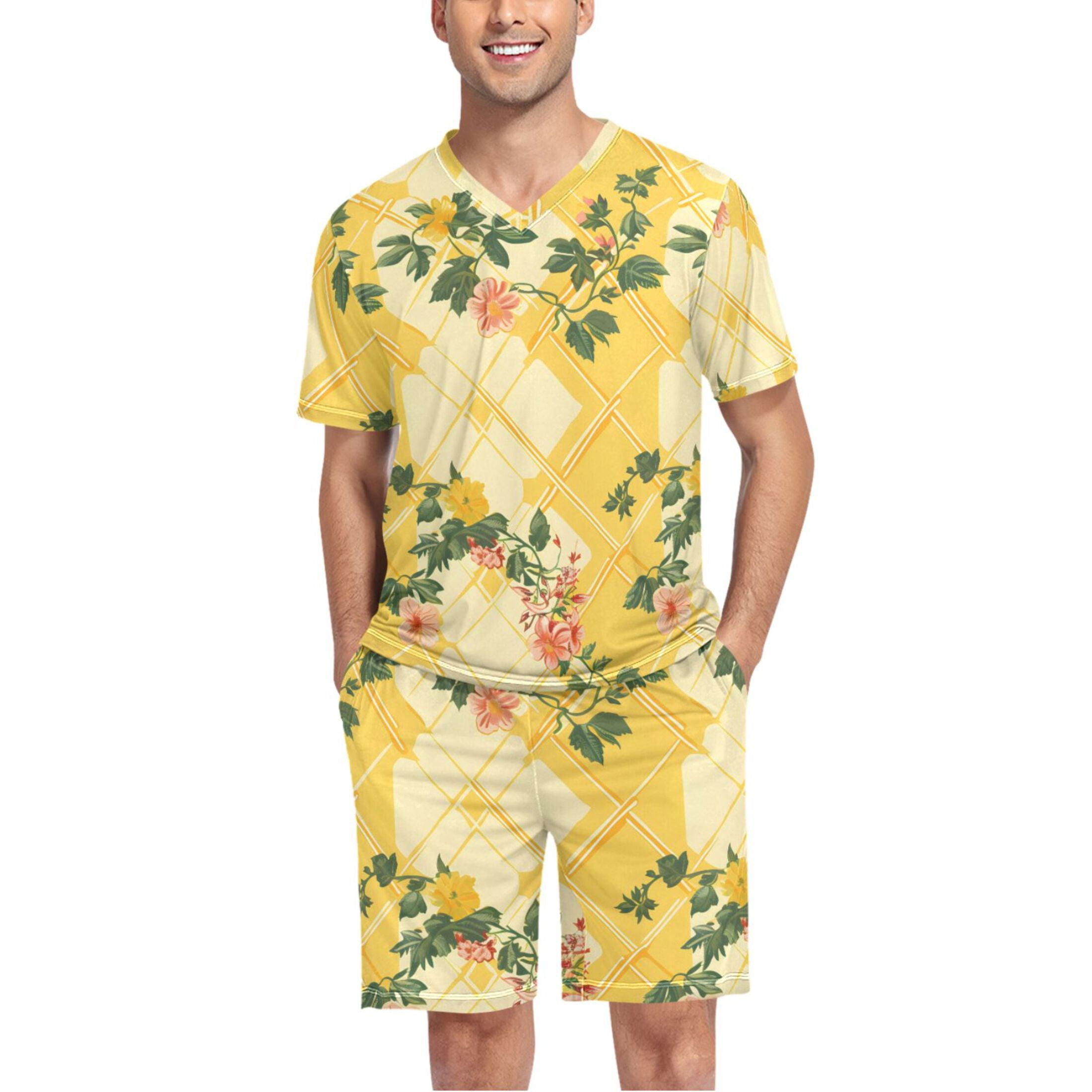 joogoo Men's Pajama Set Flowers on Checkered Grid Pattern V-Neck Pj ...