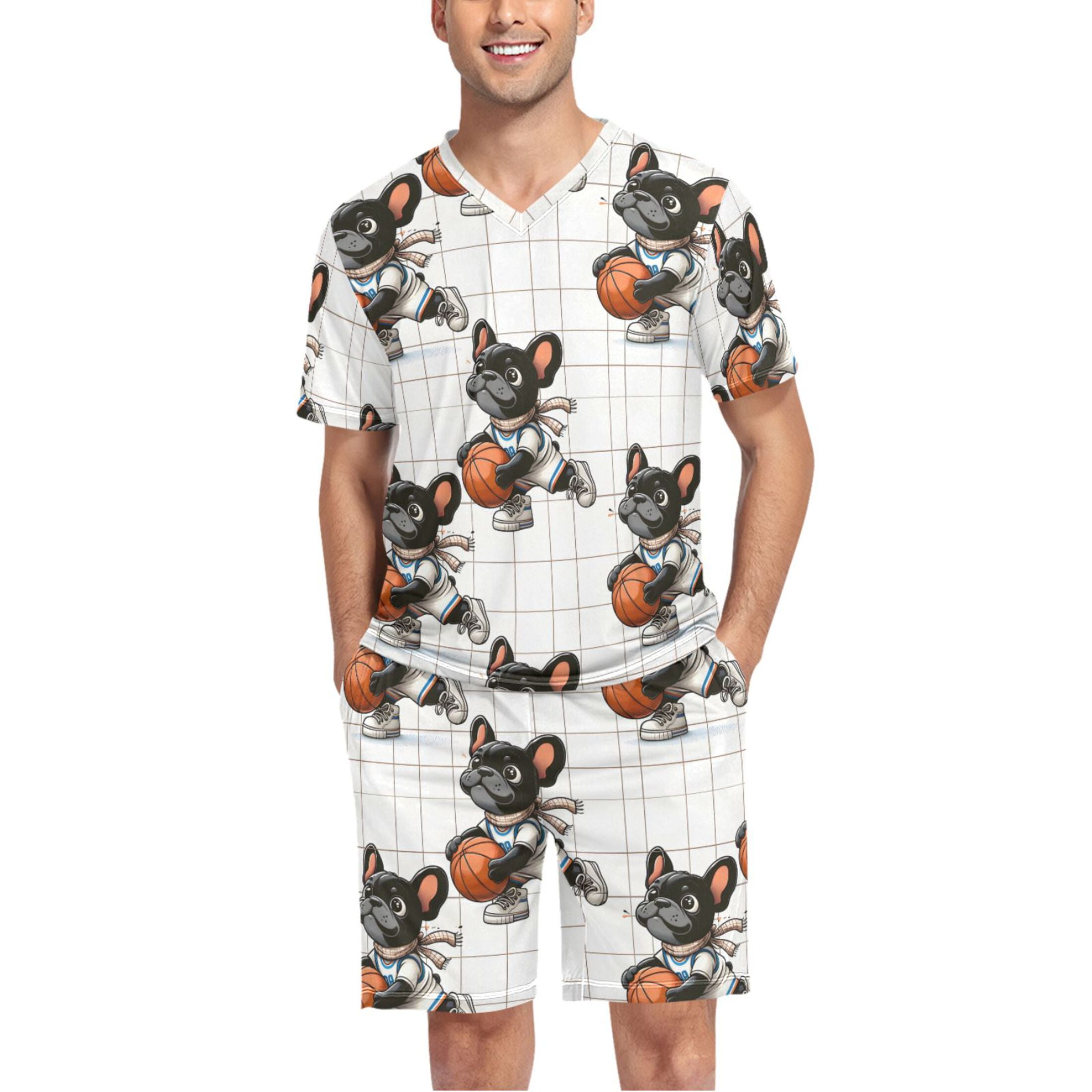 joogoo Men's Pajama Set French Bulldog with Basketball V-Neck Pj Shorts ...