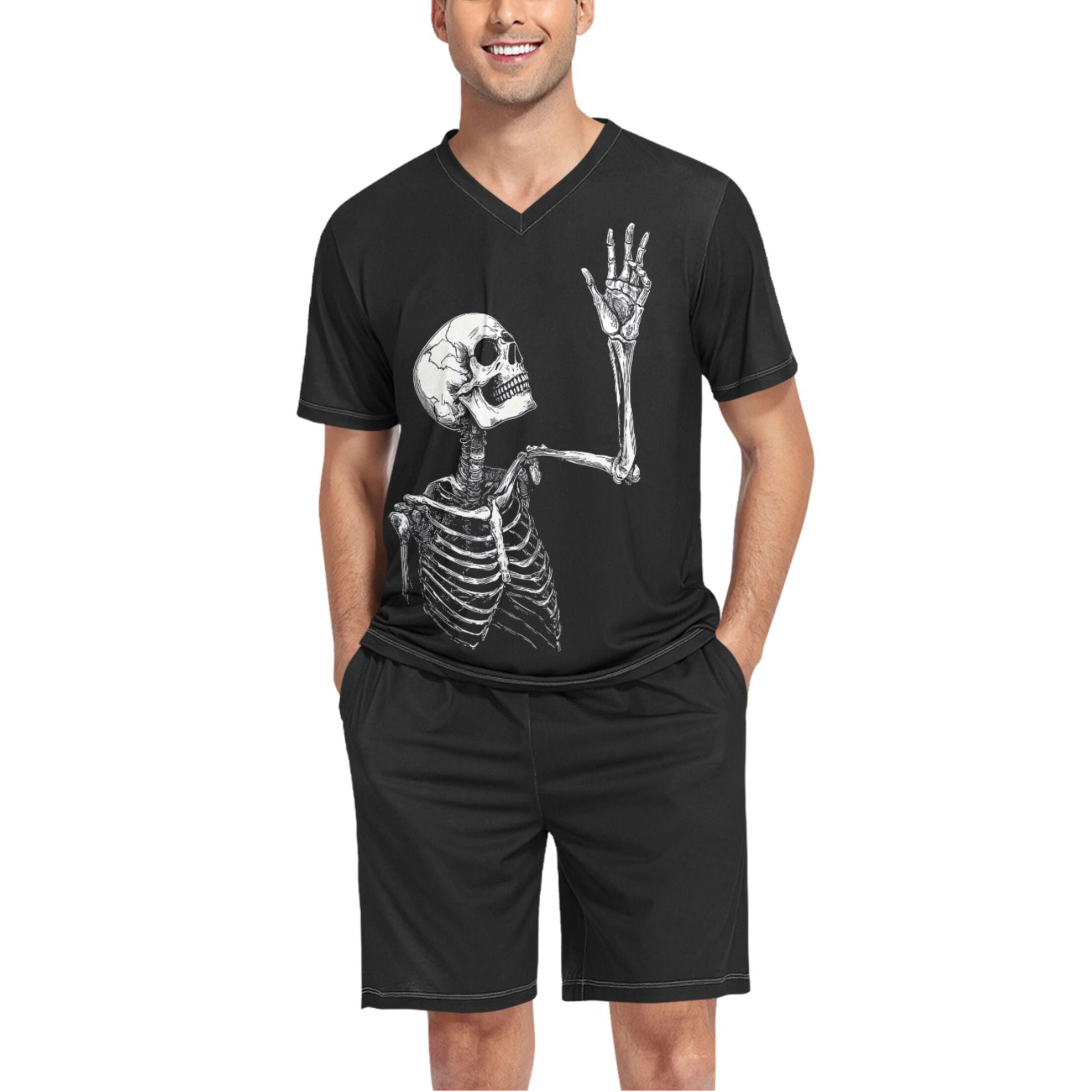 joogoo Men's Pajama Set Funny Skeleton Print V-Neck Pj Shorts Set 2 ...