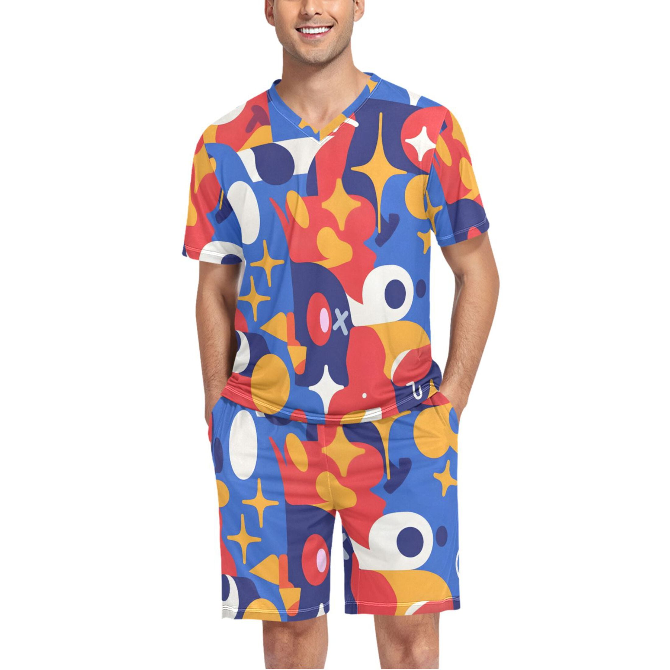 joogoo Men's Pajama Set Geometric Funny Pattern V-Neck Pj Shorts Set 2 ...