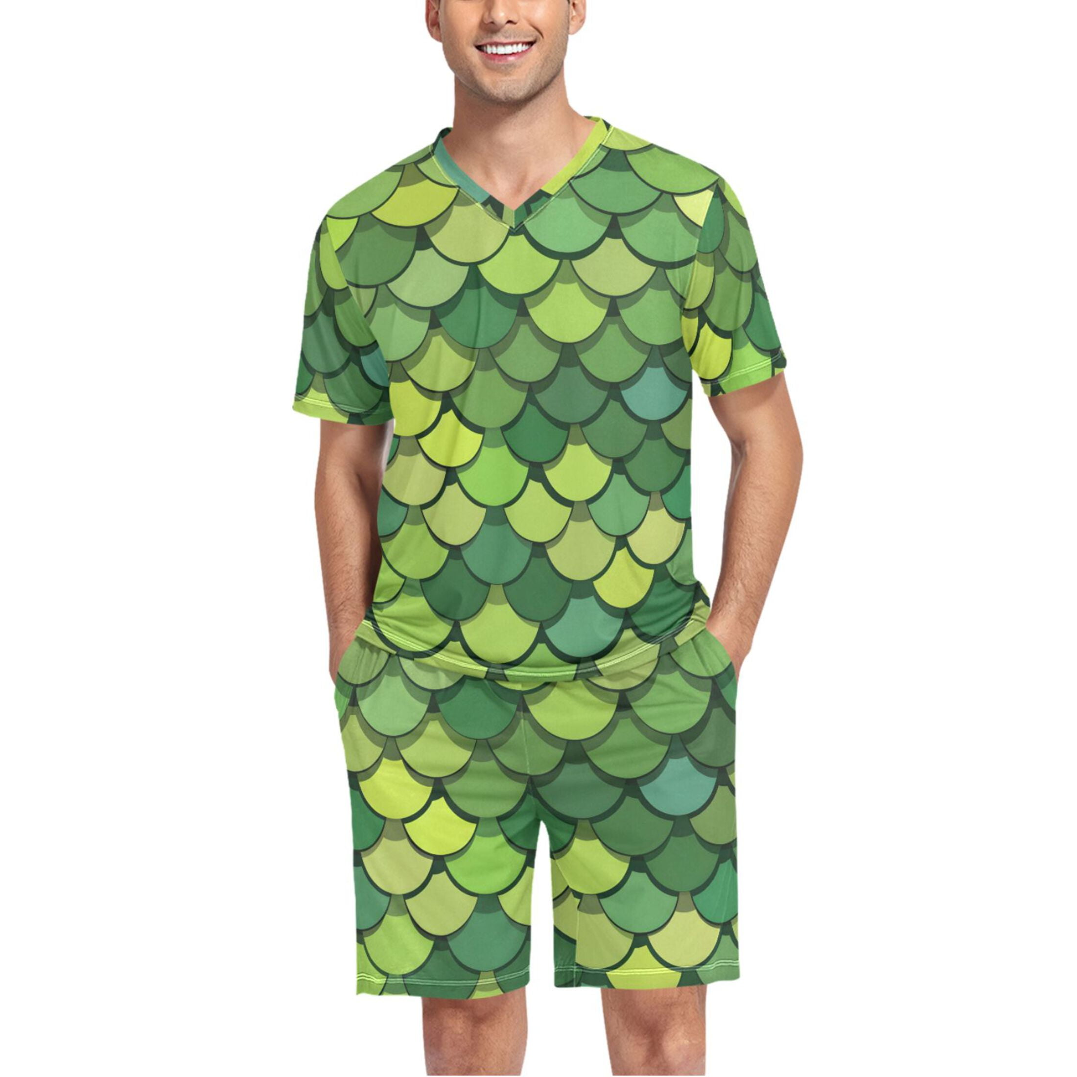 joogoo Men's Pajama Set Green Scales V-Neck Pj Shorts Set 2 Piece ...