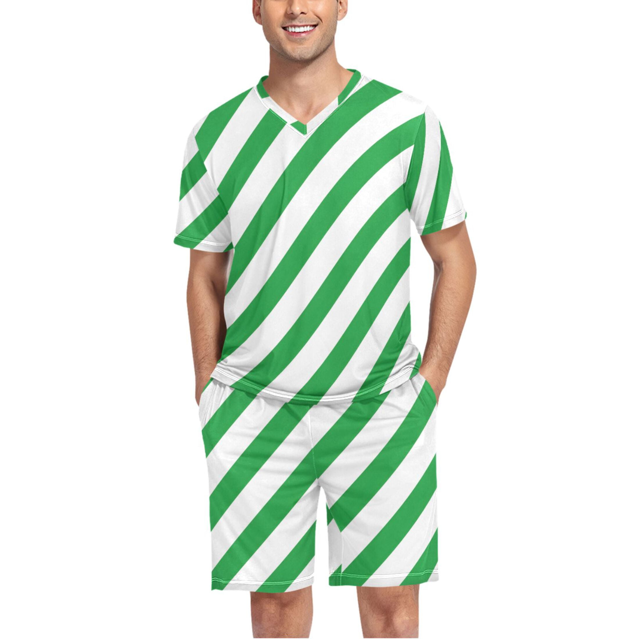 joogoo Men's Pajama Set Green Stripe V-Neck Pj Shorts Set 2 Piece ...