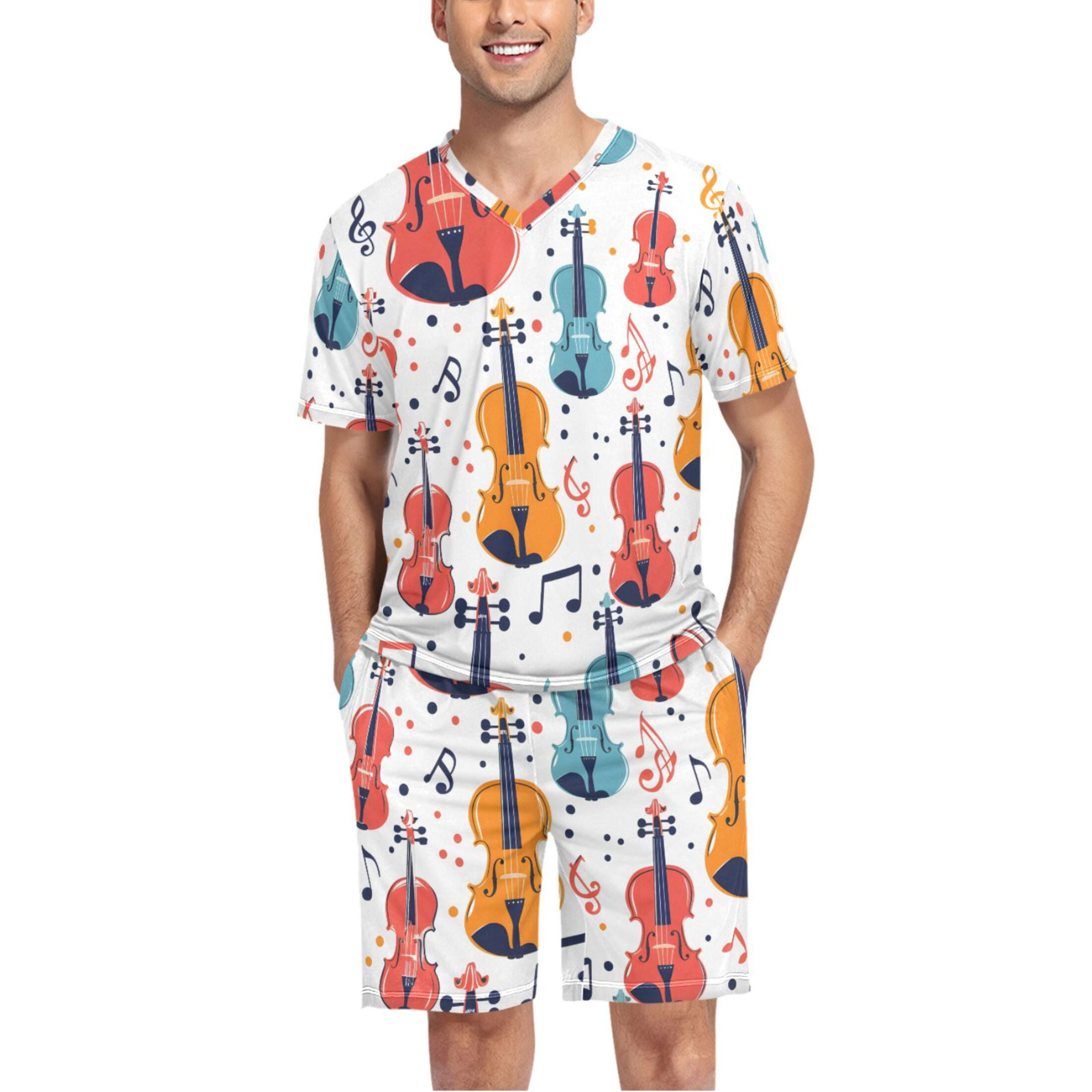 joogoo Men's Pajama Set Guitar Music Notes V-Neck Pj Shorts Set 2 Piece ...