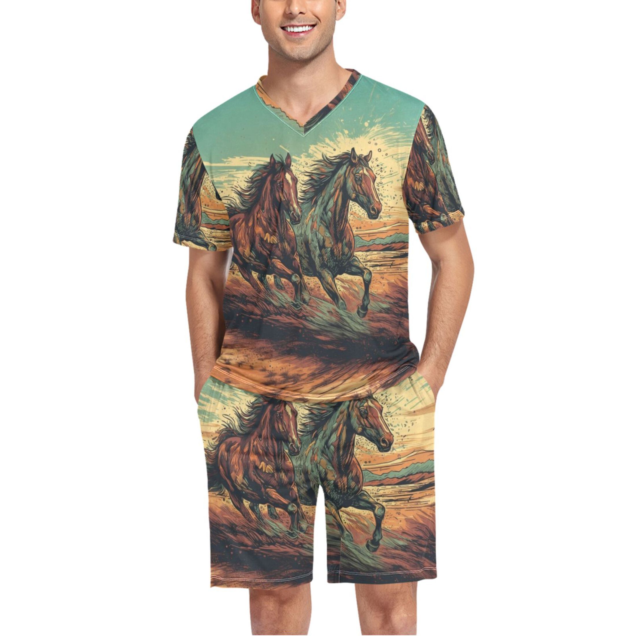joogoo Men's Pajama Set Horse Running on Grassland V-Neck Pj Shorts Set ...
