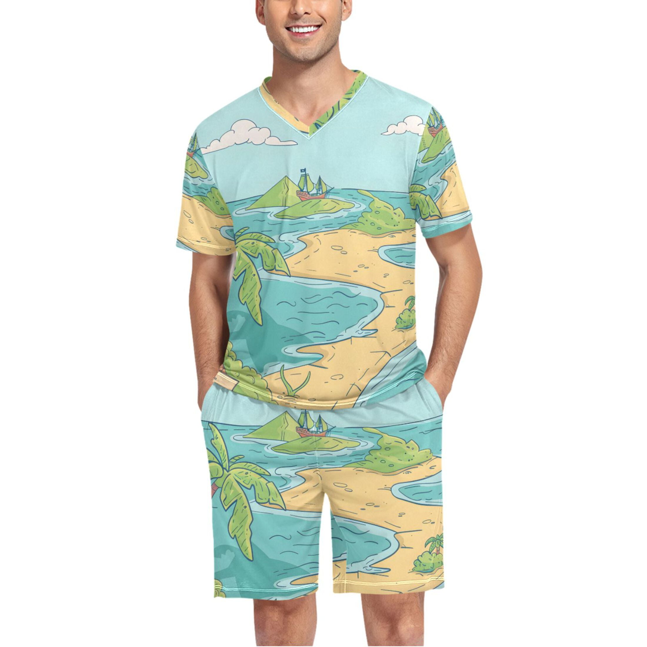 joogoo Men's Pajama Set Island Map and Sea V-Neck Pj Shorts Set 2 Piece ...