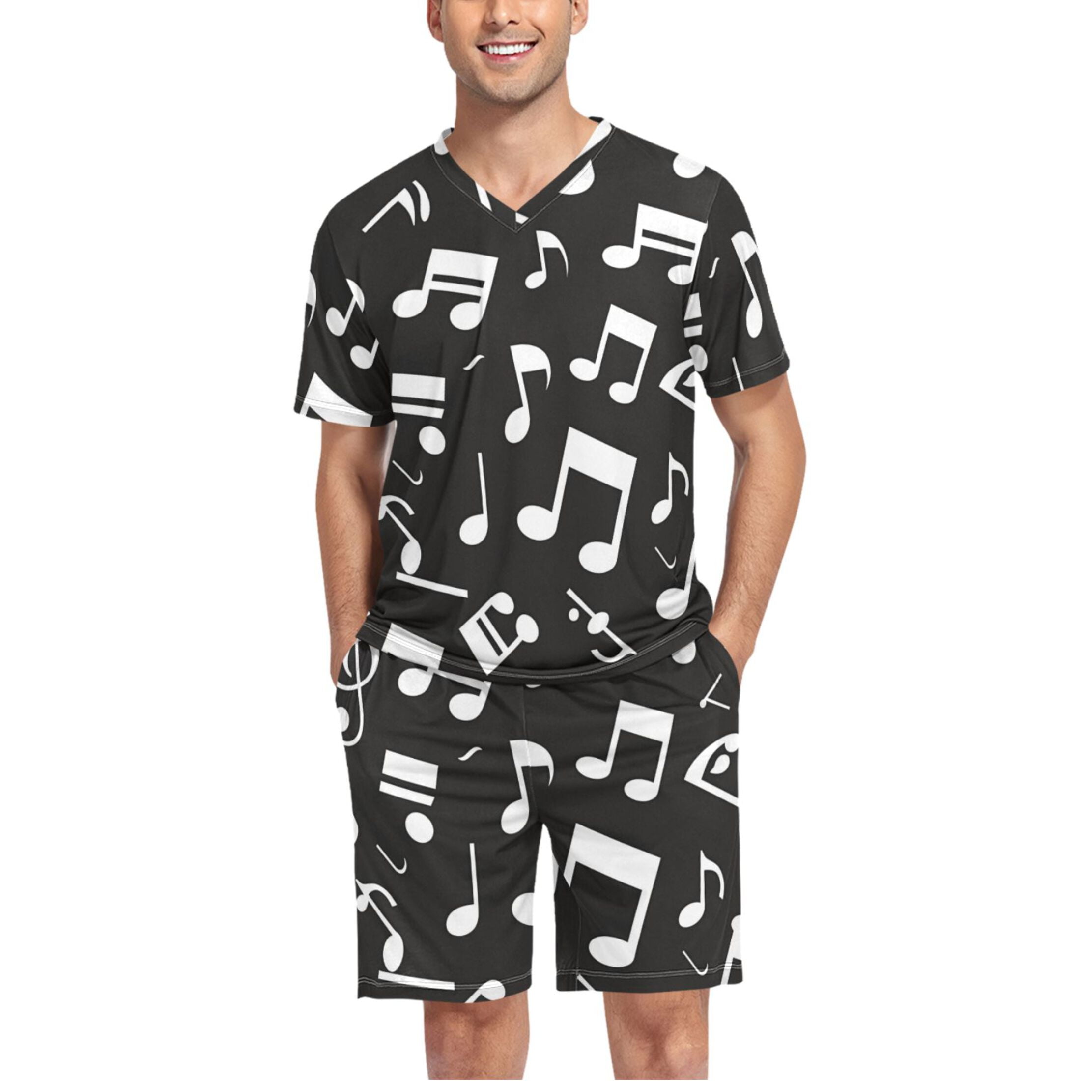 joogoo Men's Pajama Set Musical Note Pattern V-Neck Pj Shorts Set 2 ...