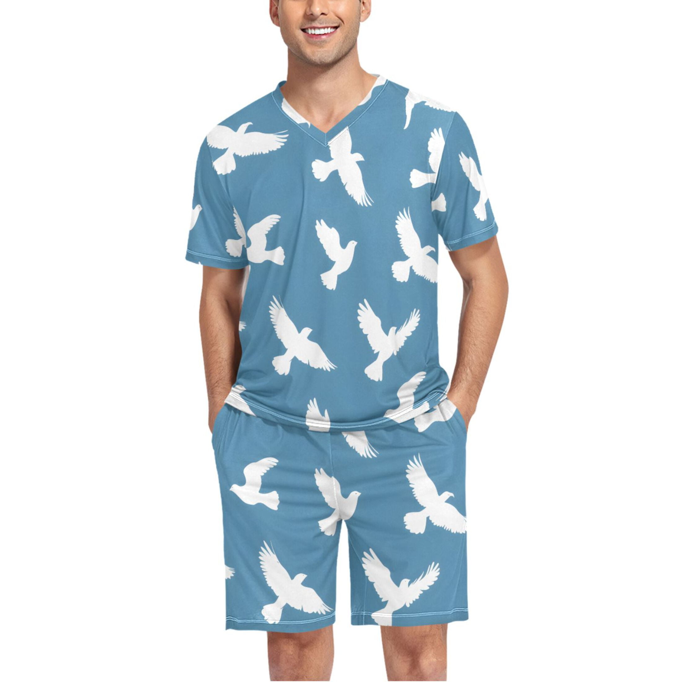 joogoo Men's Pajama Set Pigeon Flying V-Neck Pj Shorts Set 2 Piece ...