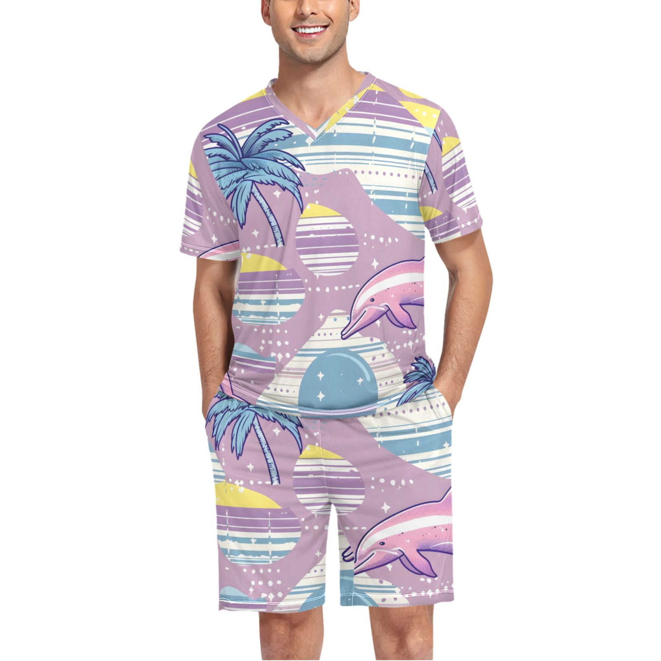 joogoo Men's Pajama Set Pink Palm Tree and Dolphin V-Neck Pj Shorts Set ...