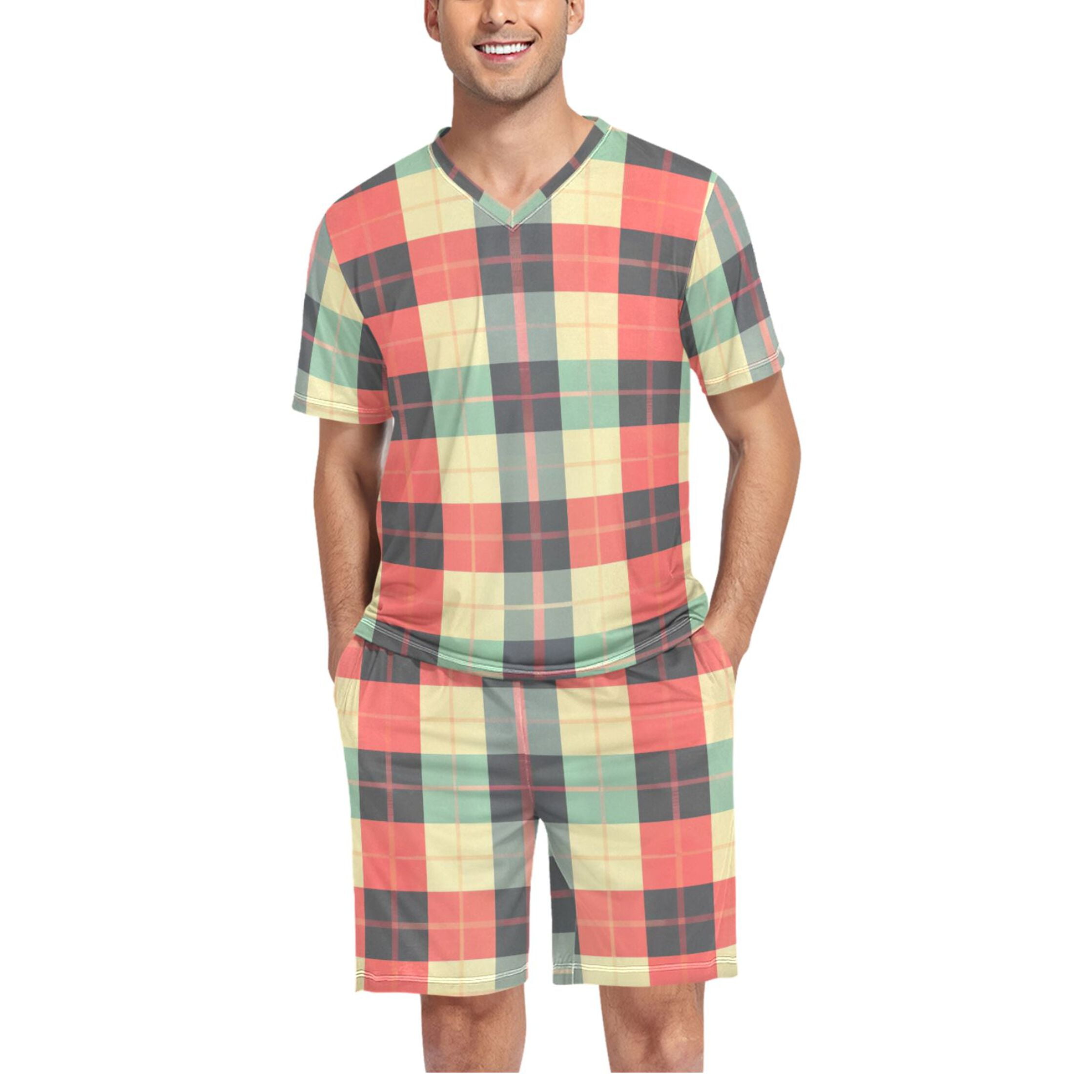 joogoo Men's Pajama Set Plaid Grid Pattern V-Neck Pj Shorts Set 2 Piece ...