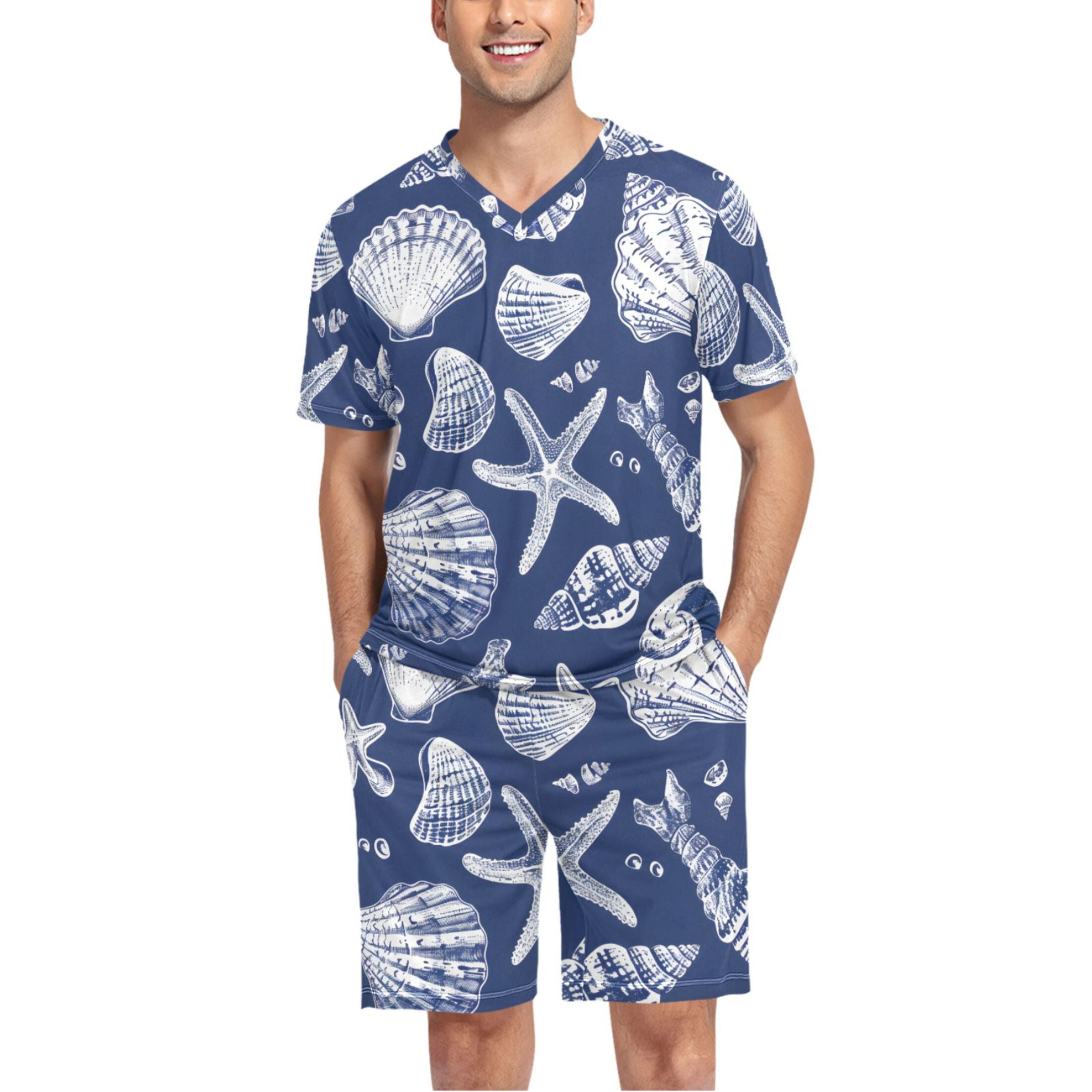 joogoo Men's Pajama Set Sea Shells Starfish V-Neck Pj Shorts Set 2 ...